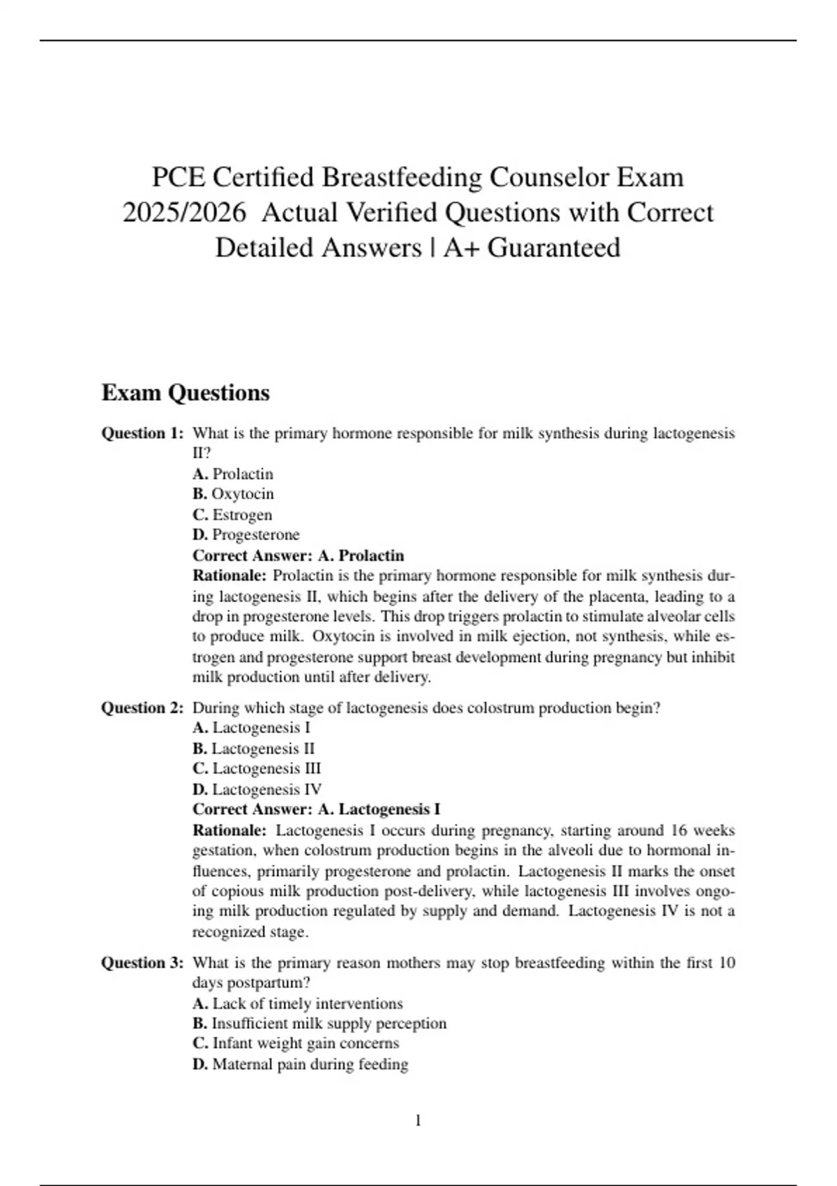 PCE Certified Breastfeeding Counselor Exam 2025/2026 Actual Verified ...