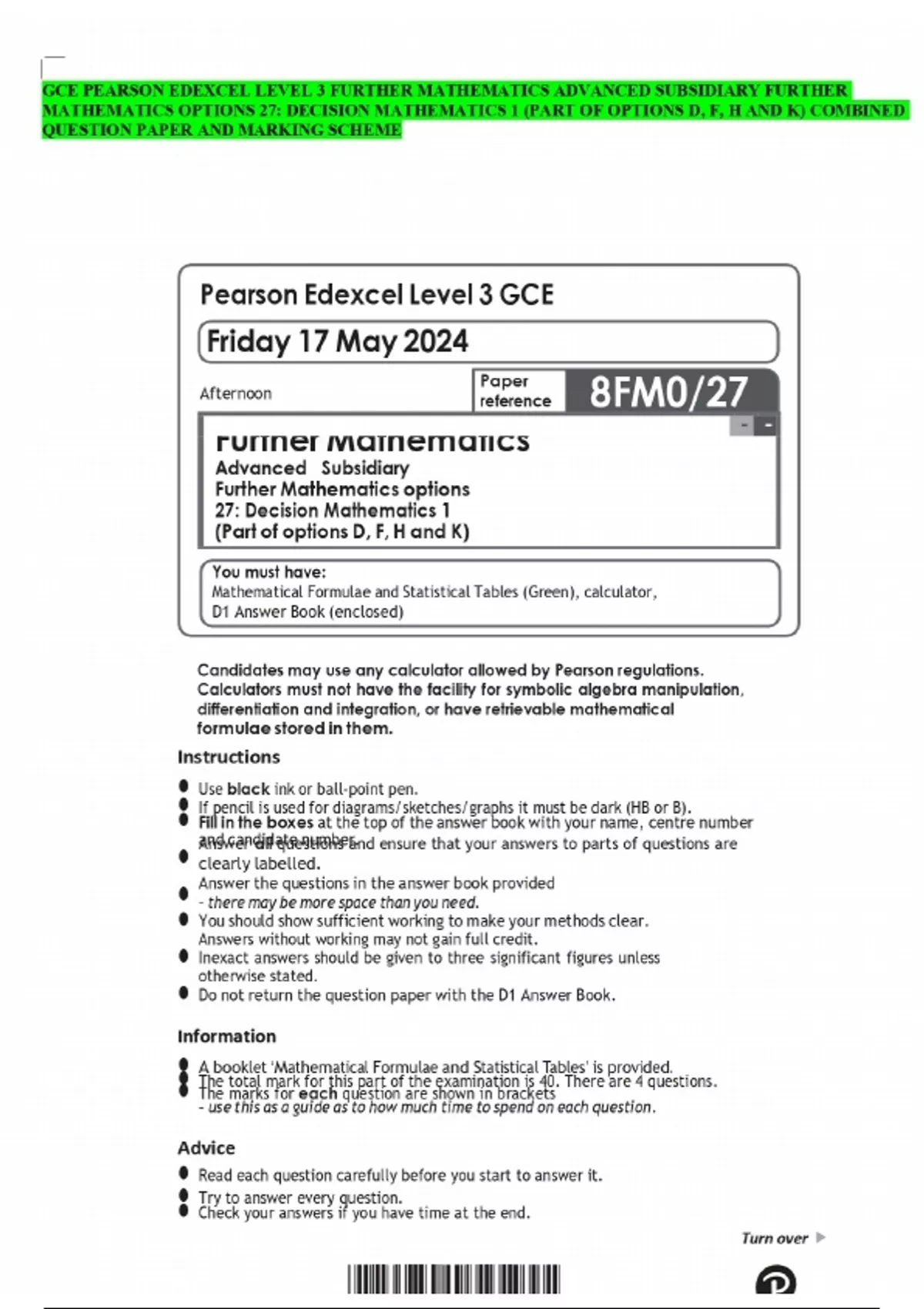 GCE PEARSON EDEXCEL LEVEL 3 FURTHER MATHEMATICS ADVANCED SUBSIDIARY ...