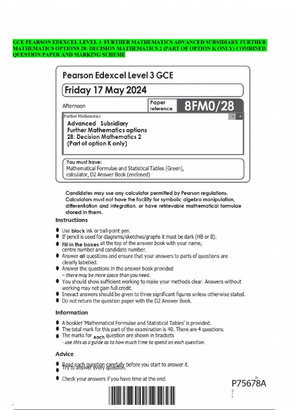 GCE PEARSON EDEXCEL LEVEL 3 FURTHER MATHEMATICS ADVANCED SUBSIDIARY ...