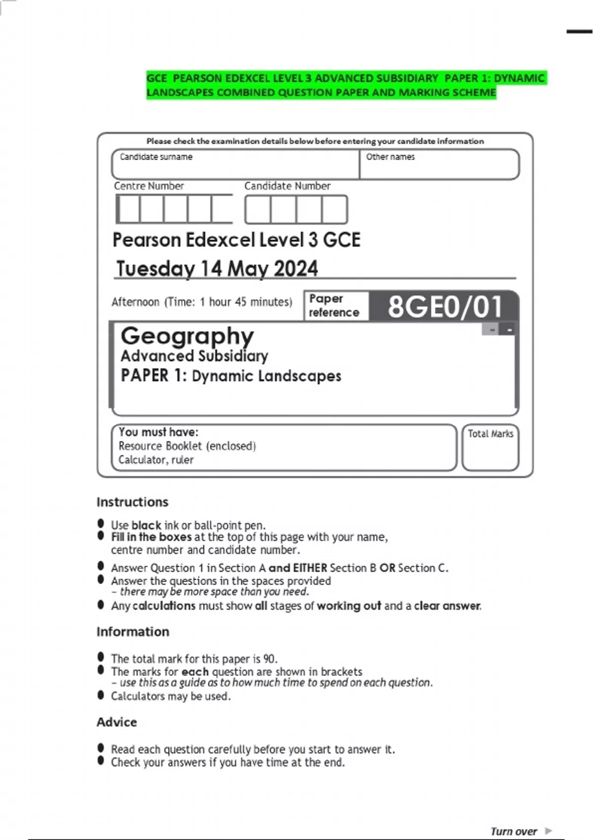 GCE PEARSON EDEXCEL LEVEL 3 ADVANCED SUBSIDIARY PAPER 1: DYNAMIC ...
