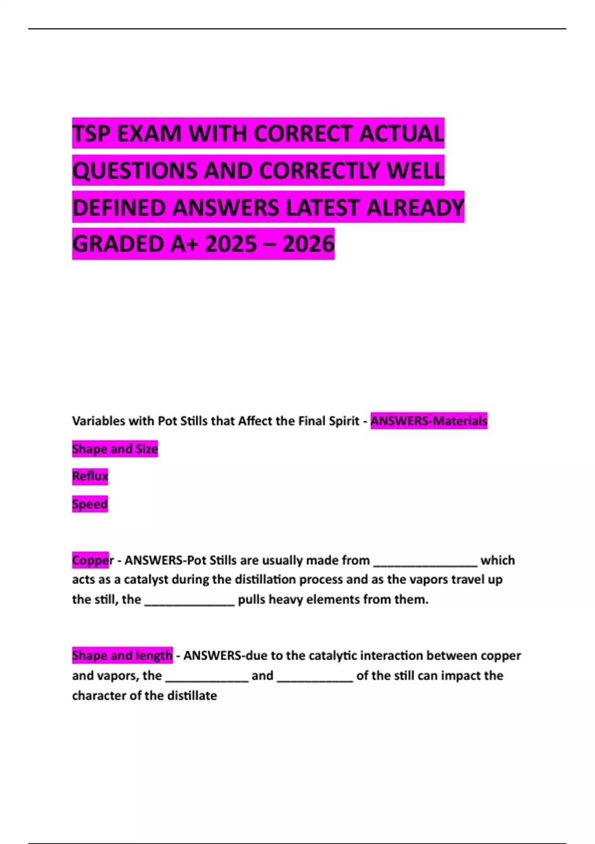 TSP EXAM WITH CORRECT ACTUAL QUESTIONS AND CORRECTLY WELL DEFINED ...