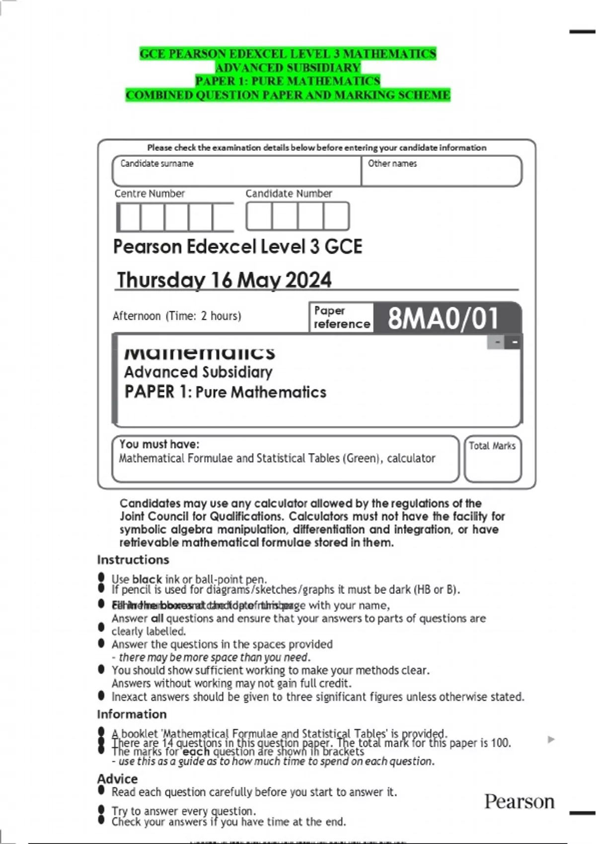 GCE PEARSON EDEXCEL LEVEL 3 MATHEMATICS ADVANCED SUBSIDIARY PAPER 1: PURE MATHEMATICS COMBINED ...