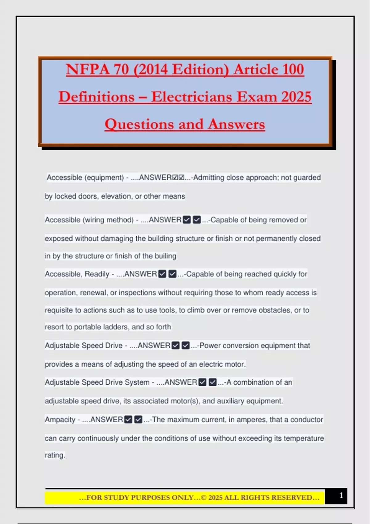 NFPA 70 (2014 Edition) Article 100 Definitions – Electricians Exam 2025 Questions and Answers ...