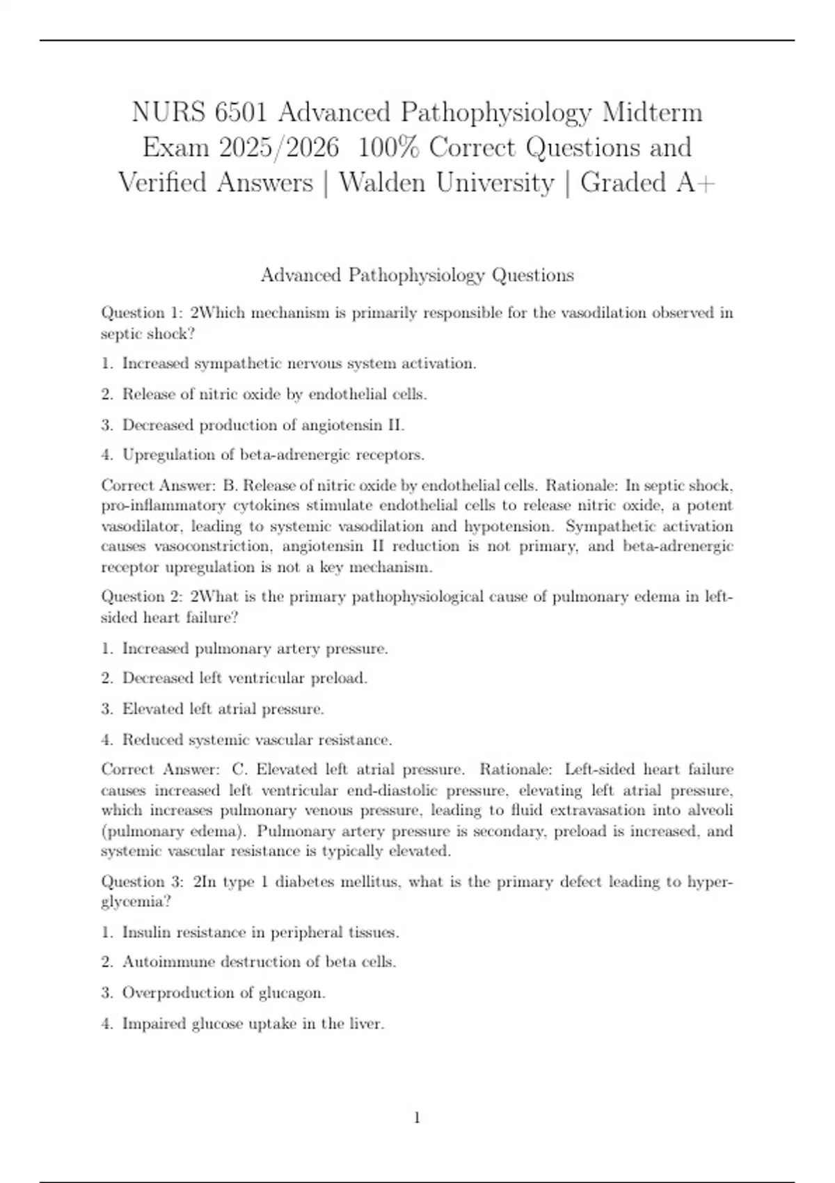 NURS 6501 Advanced Pathophysiology Midterm Exam 2025/2026 100% Correct ...