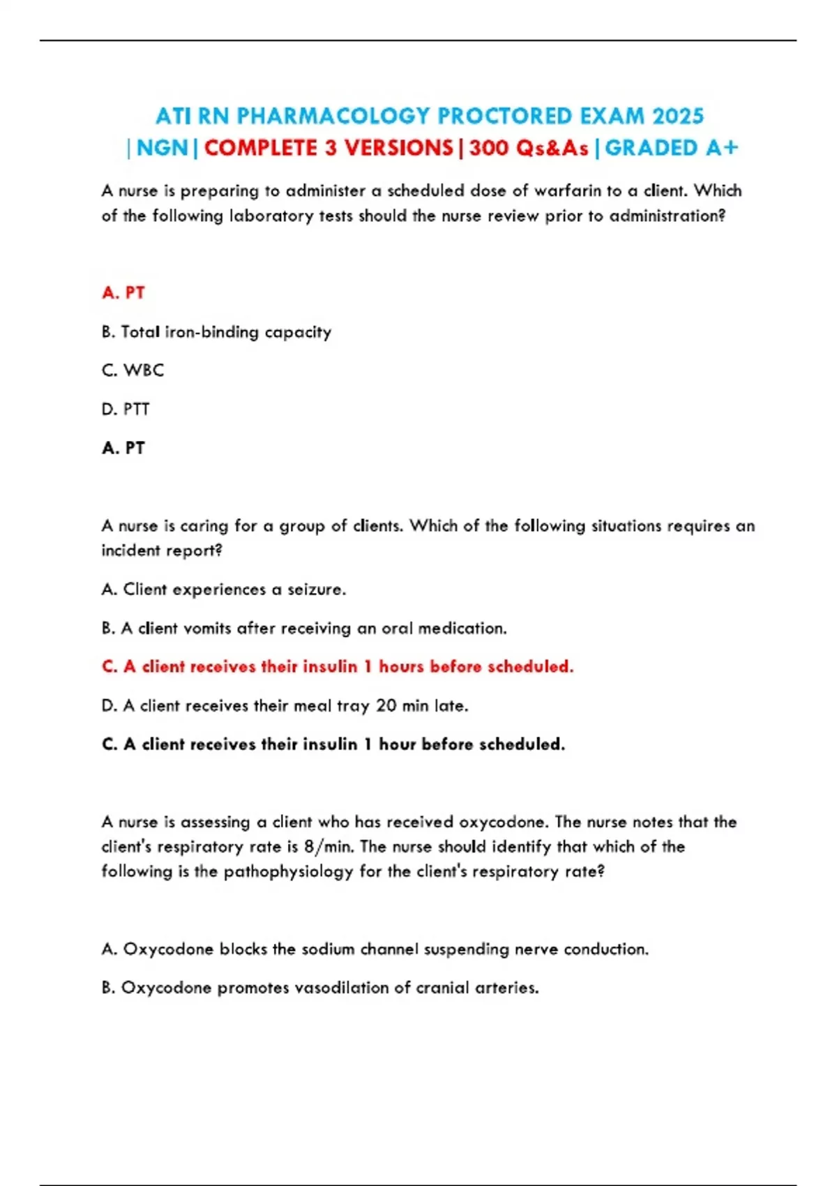ATI RN PHARMACOLOGY PROCTORED EXAM 2025 |NGN|COMPLETE 3 VERSIONS|300 Qs&As|GRADED A+ - ATI RN ...