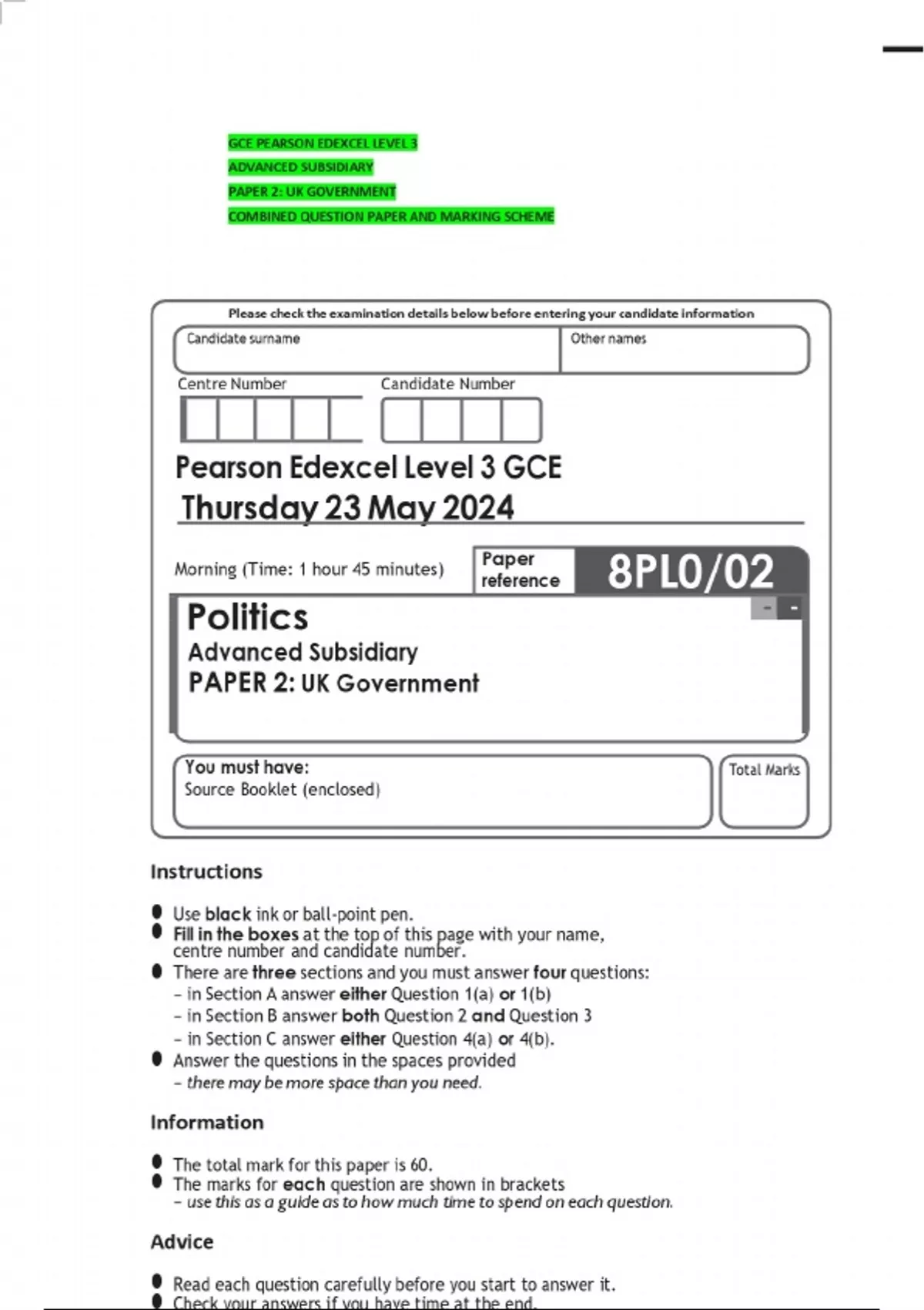 GCE PEARSON EDEXCEL LEVEL 3 ADVANCED SUBSIDIARY PAPER 2: UK GOVERNMENT ...