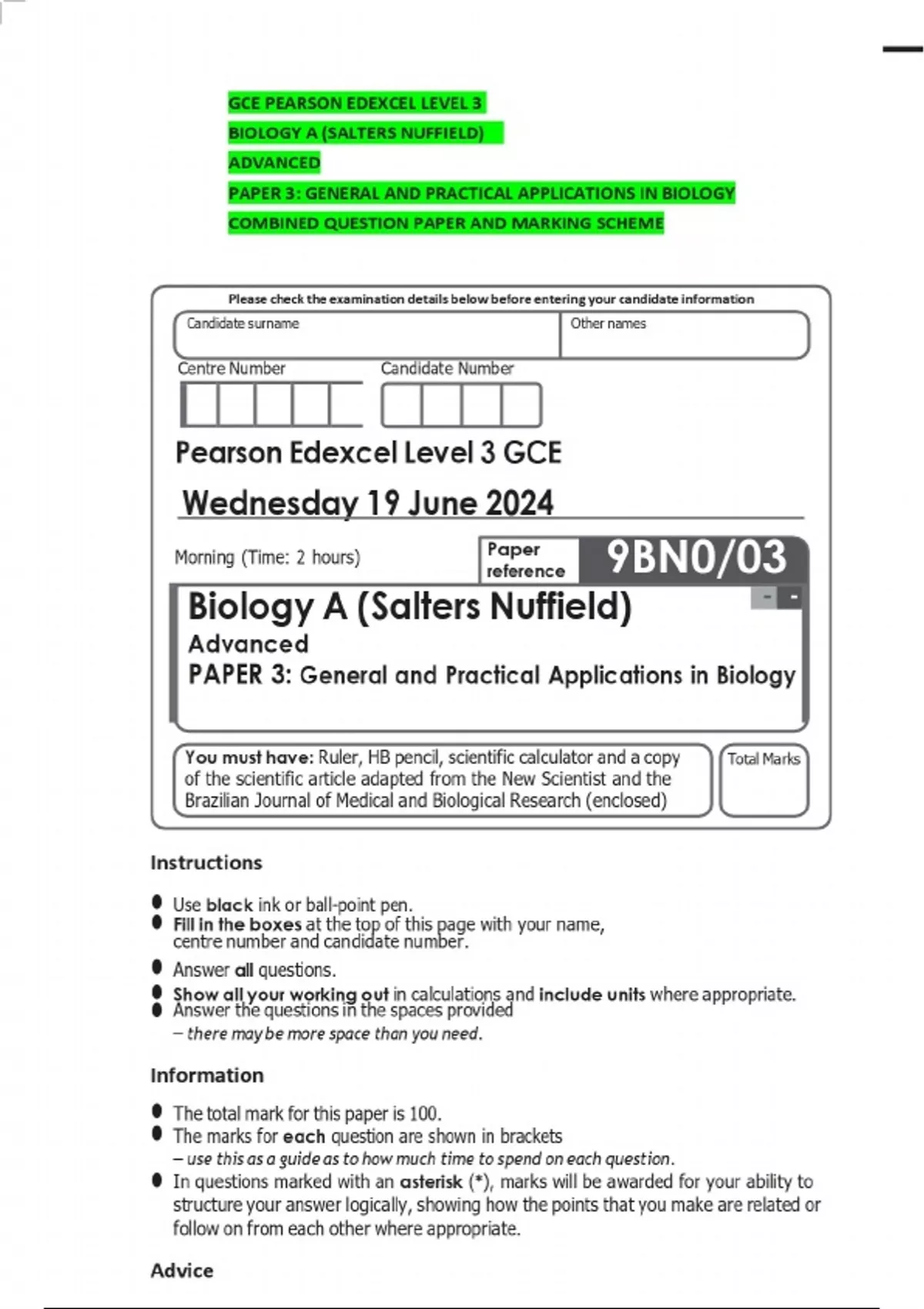 GCE PEARSON EDEXCEL LEVEL 3 BIOLOGY A (SALTERS NUFFIELD) ADVANCED PAPER ...