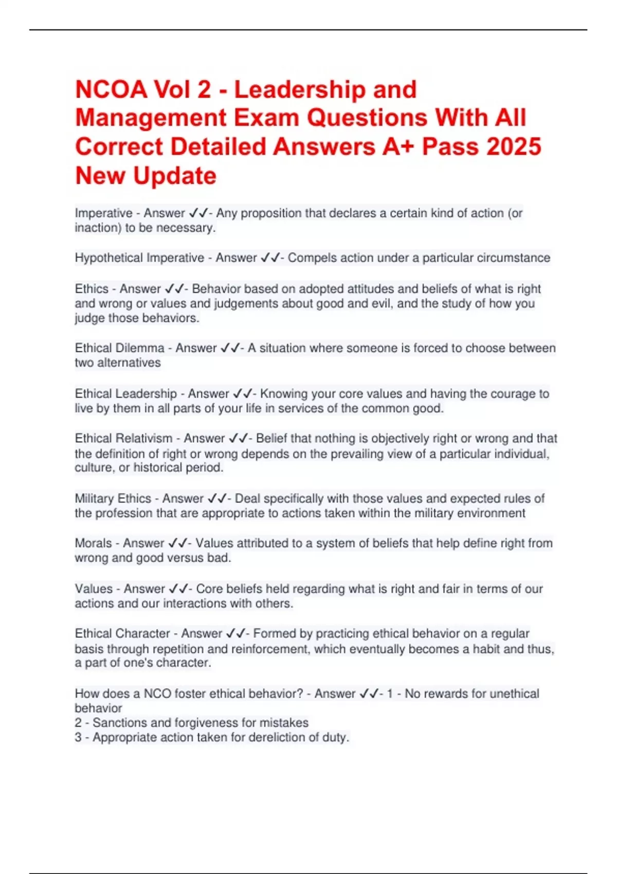 NCOA Vol 2 - Leadership and Management Exam Questions With All Correct ...
