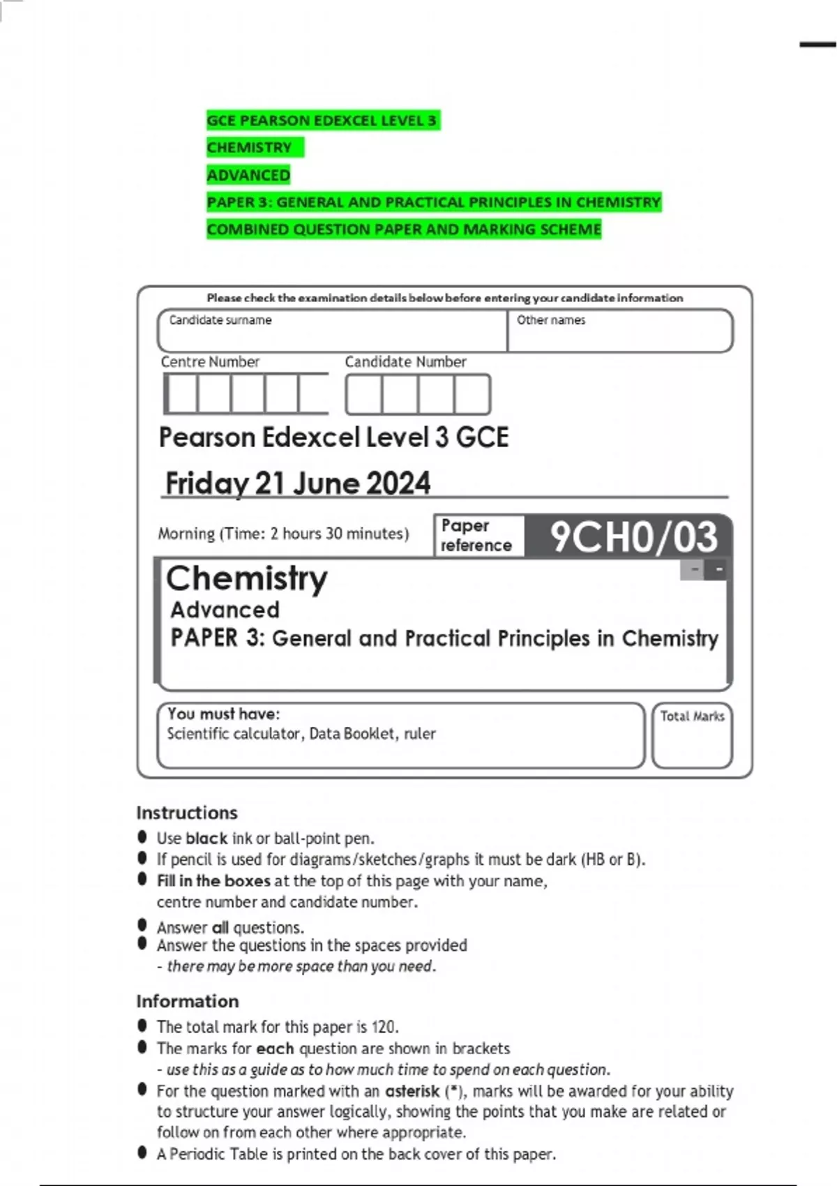 GCE PEARSON EDEXCEL LEVEL 3 CHEMISTRY ADVANCED PAPER 3: GENERAL AND ...