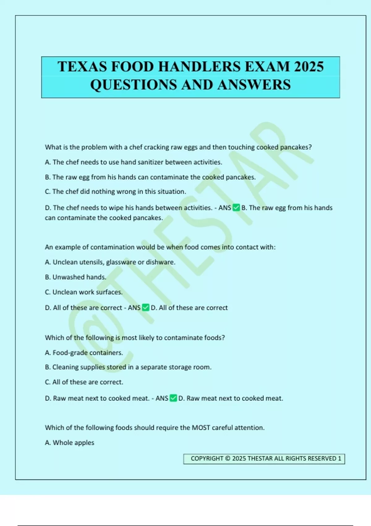 TEXAS FOOD HANDLERS EXAM 2025 QUESTIONS AND ANSWERS - TEXAS FOOD ...