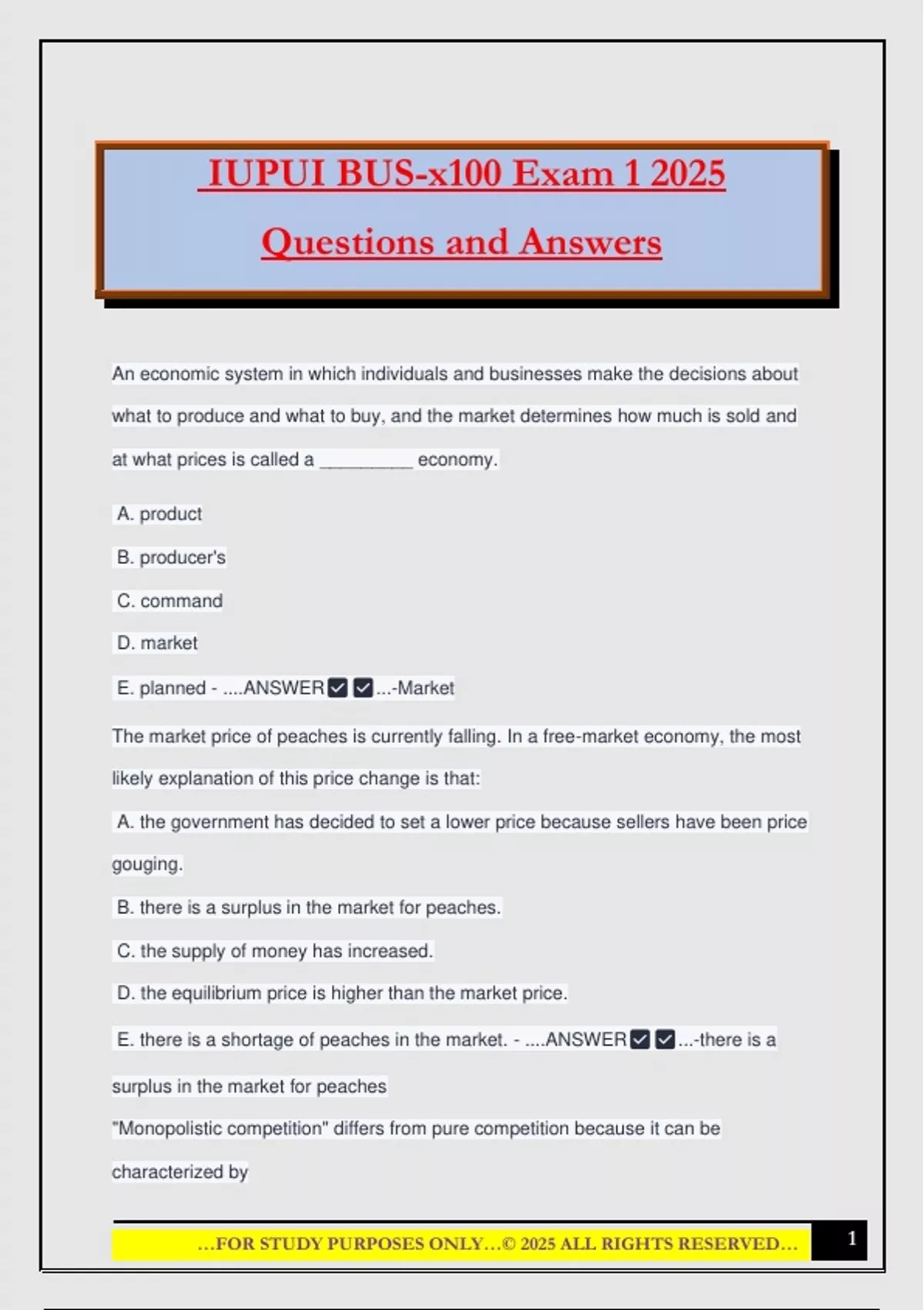 IUPUI BUS-x100 Exam 1 2025 Questions and Answers - IUPUI - Stuvia US