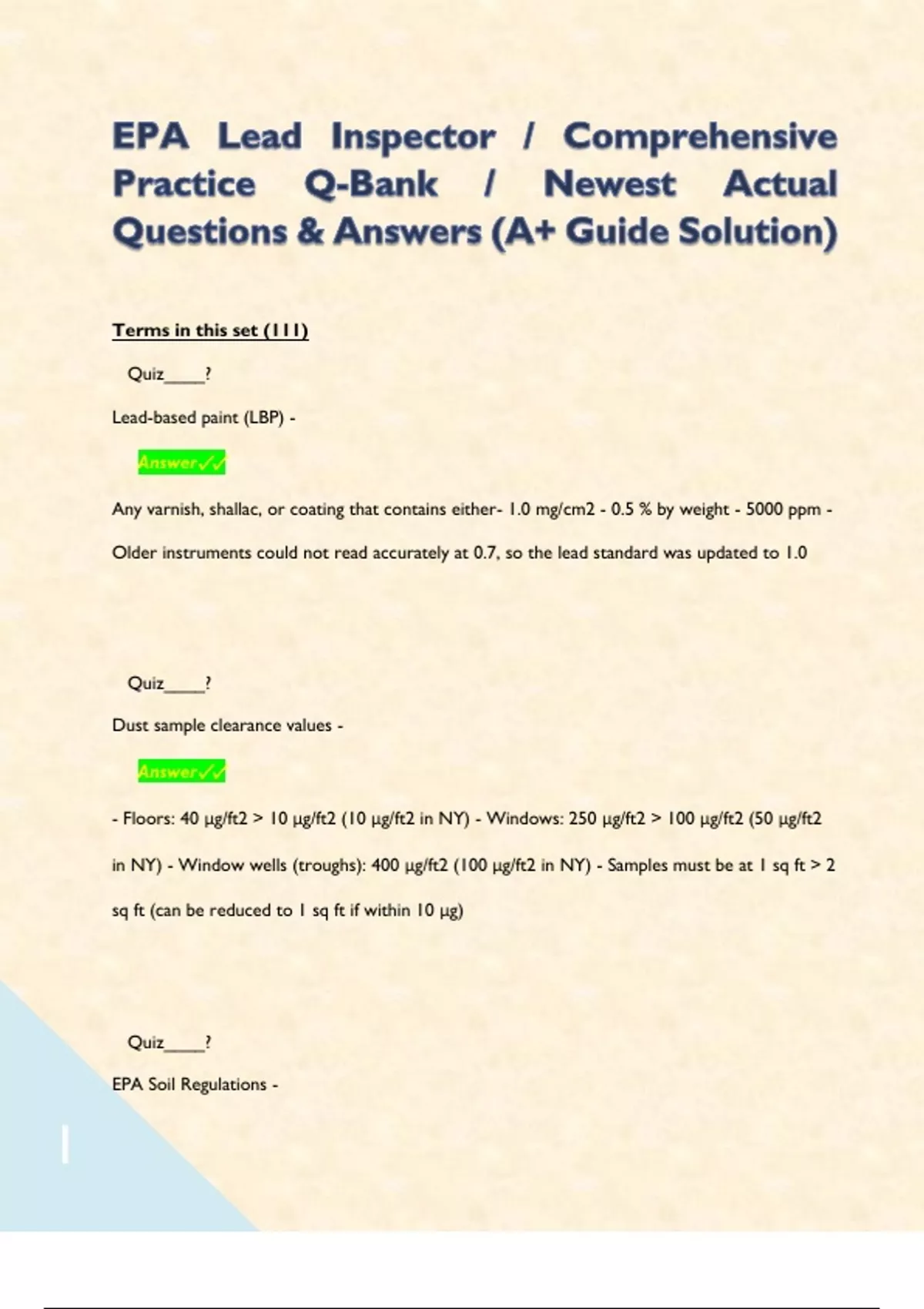 EPA Lead Inspector / Comprehensive Practice Q-Bank / Newest Actual ...