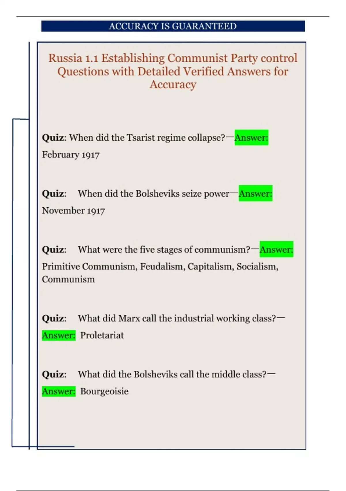 Russia 1.1 Establishing Communist Party control Questions with Detailed ...