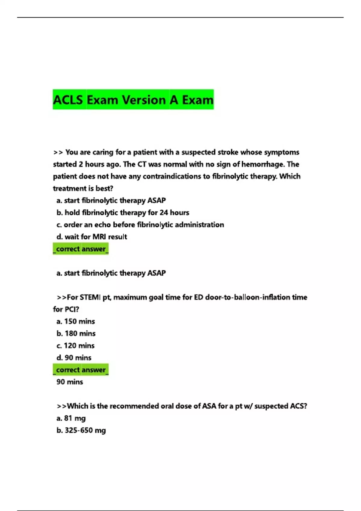 ACLS Exam Version A Exam - Acls - Stuvia US