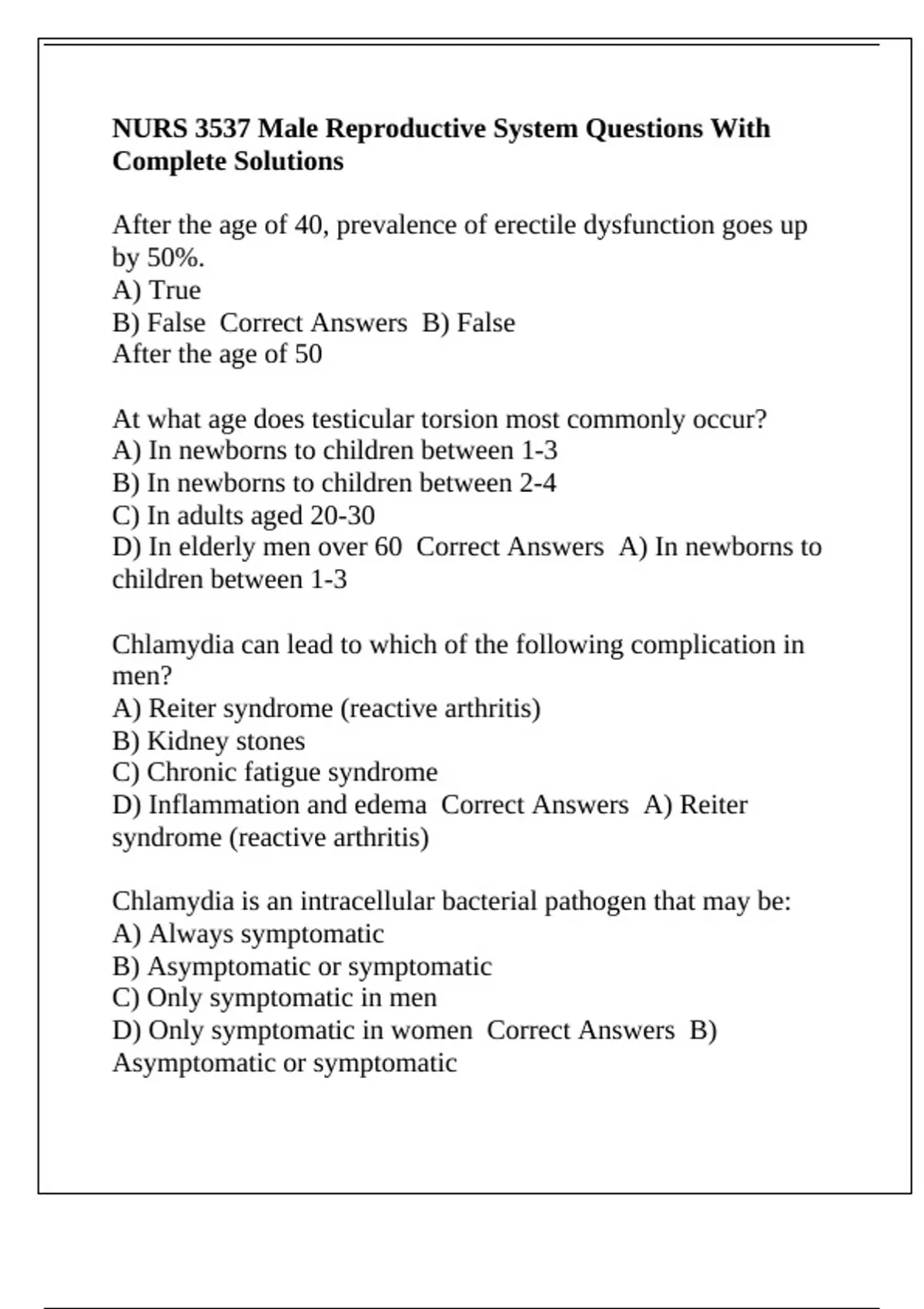 NURS 3537 Male Reproductive System Questions With Complete Solutions ...