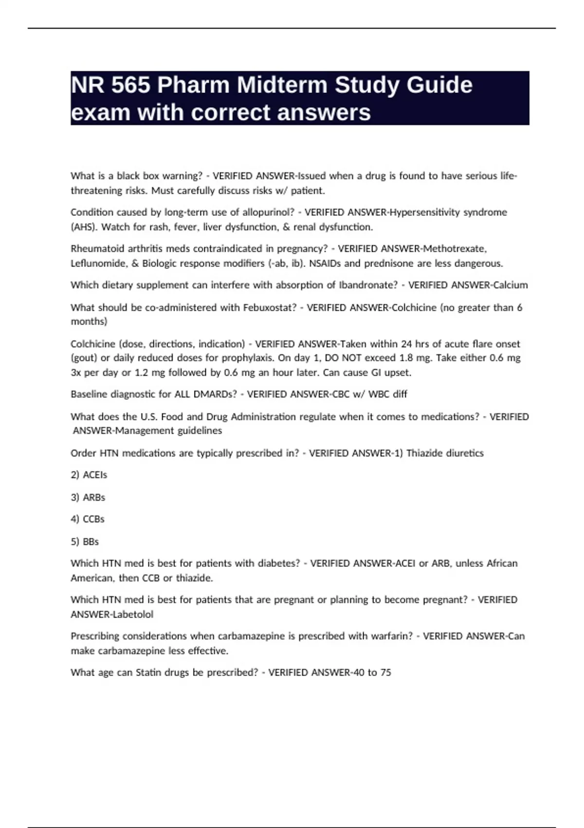 NR 565 Pharm Midterm Study Guide exam with correct answers. - NR 565 - Stuvia US