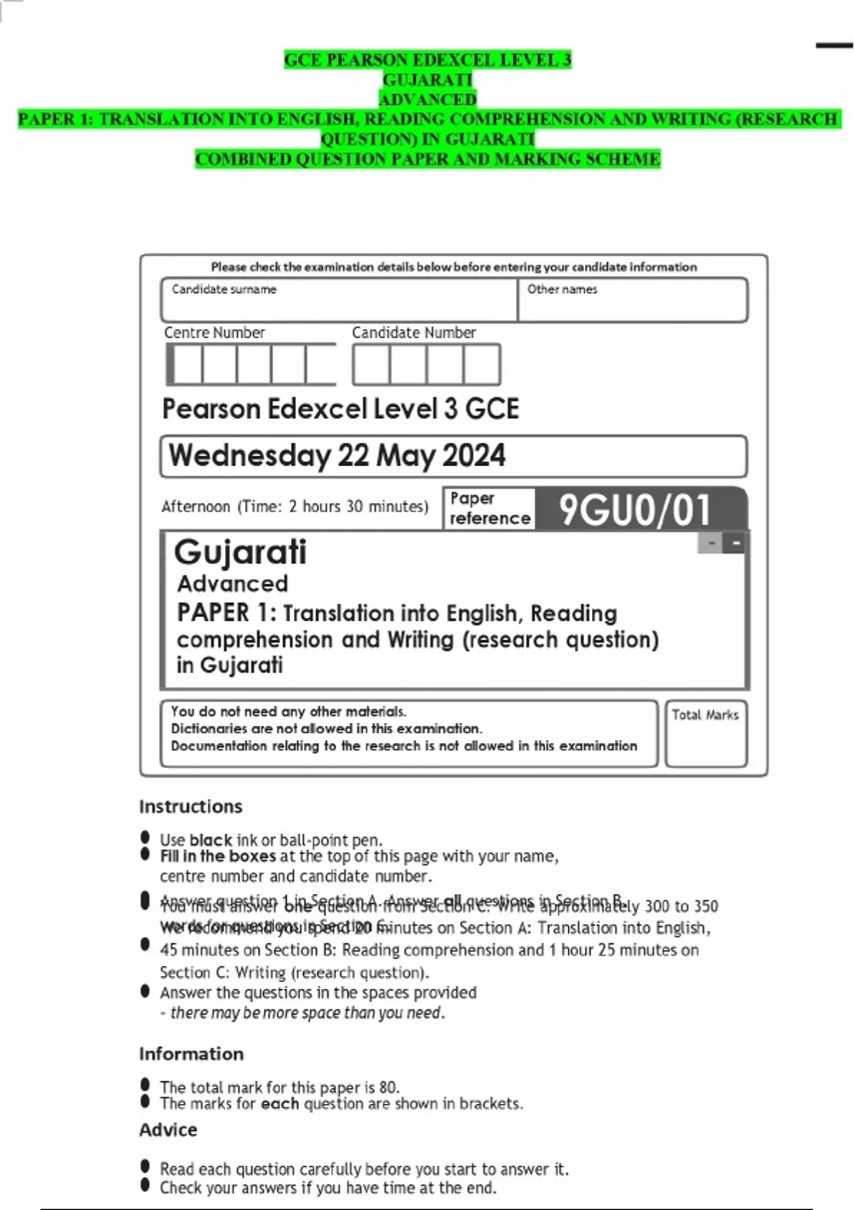 GCE PEARSON EDEXCEL LEVEL 3 GUJARATI ADVANCED PAPER 1: TRANSLATION INTO ...