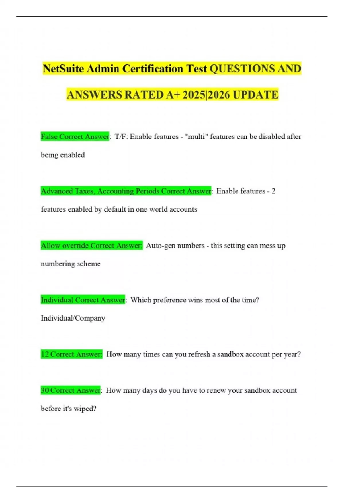 NetSuite Admin Certification Test QUESTIONS AND ANSWERS RATED A+ 2025 ...