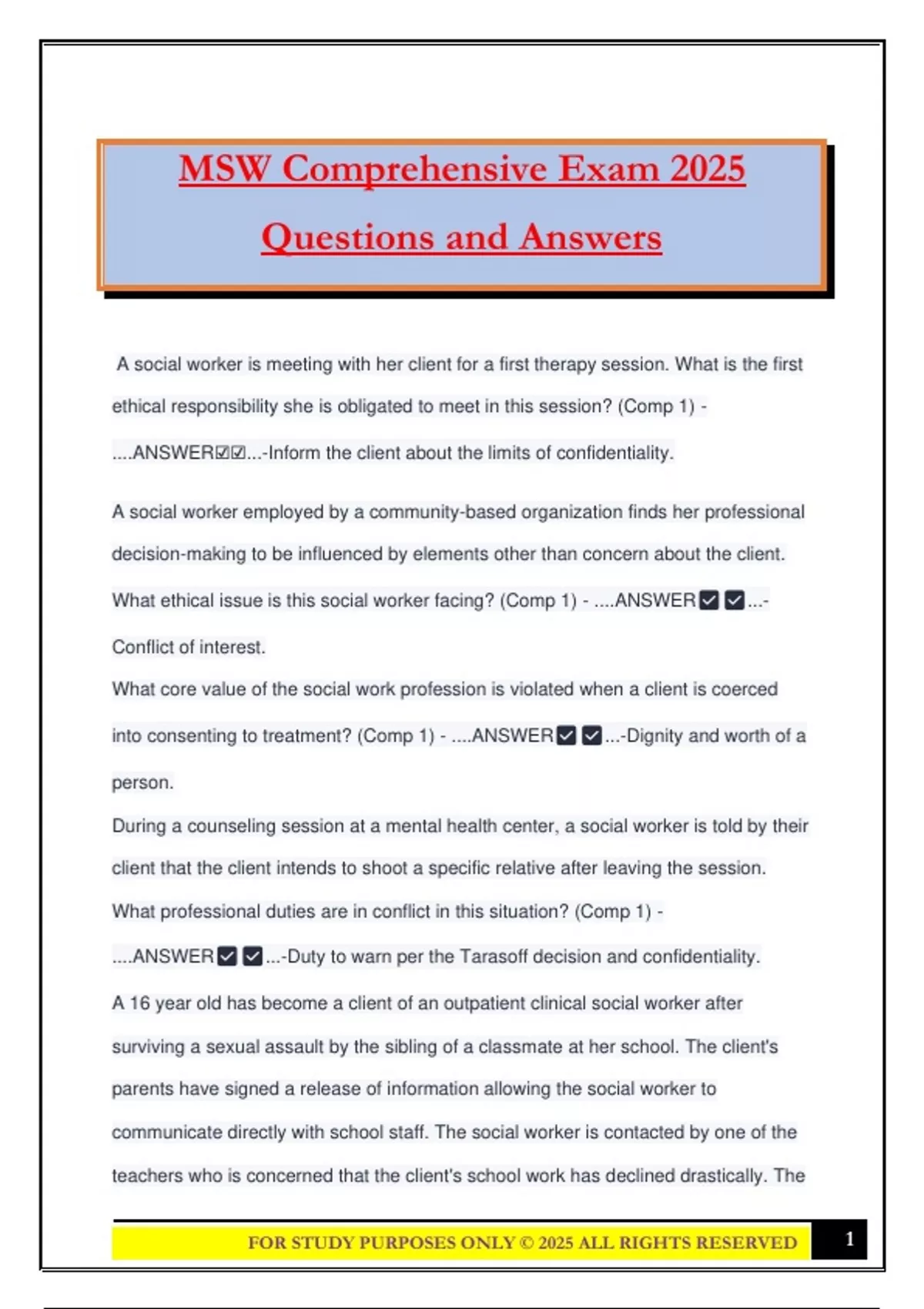 MSW Comprehensive Exam 2025 Questions and Answers - Msw - Stuvia US