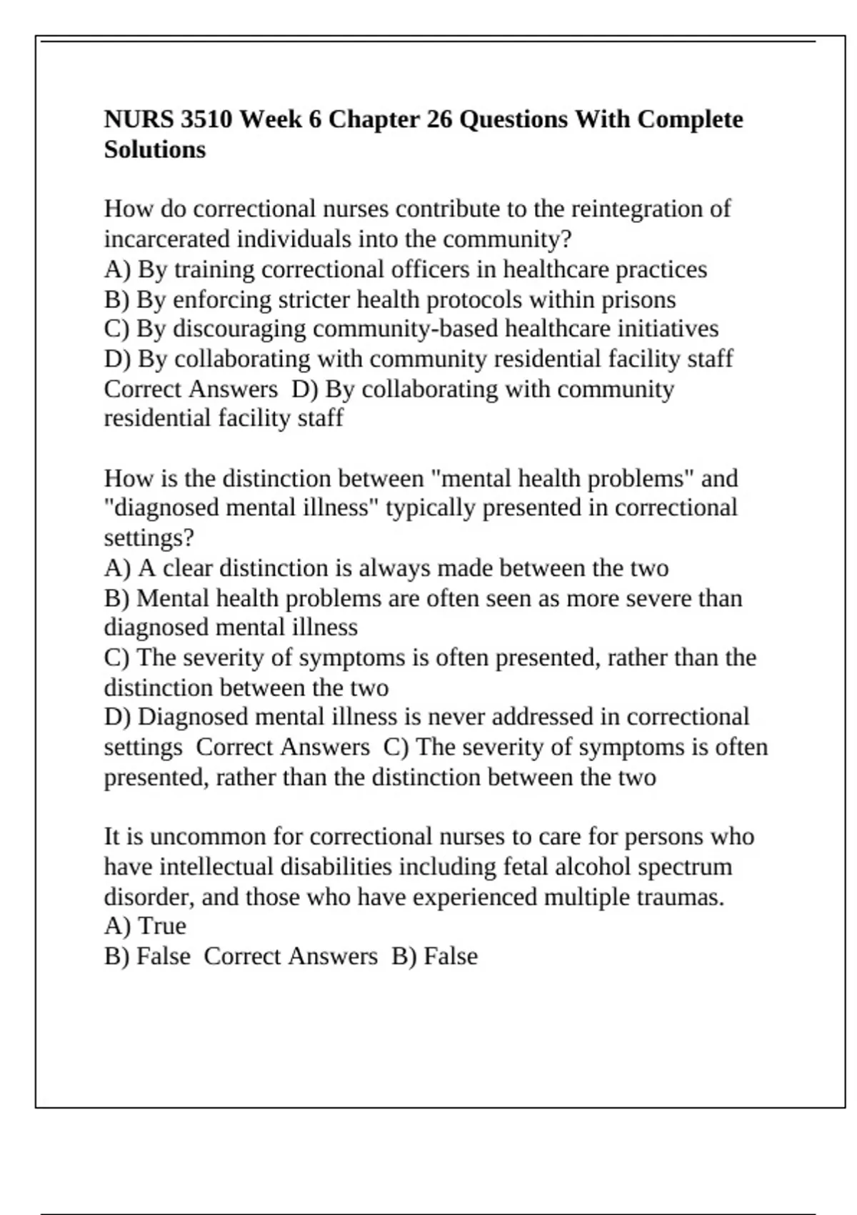 NURS 3510 Week 6 Chapter 26 Questions With Complete Solutions - NURS ...