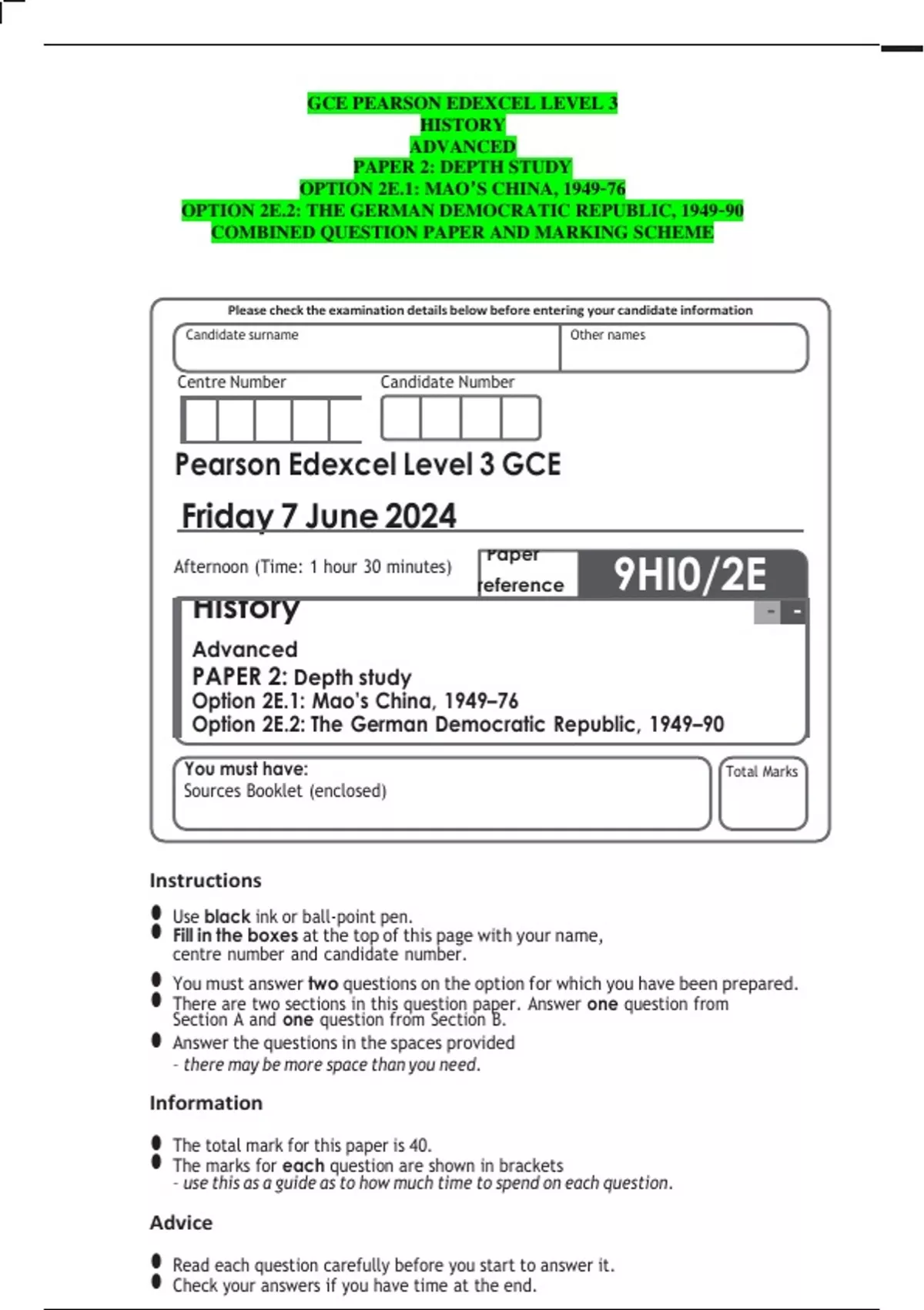 GCE PEARSON EDEXCEL LEVEL 3 HISTORY ADVANCED PAPER 2: DEPTH STUDY OPTION 2E.1: MAO’S CHINA, 1949 ...
