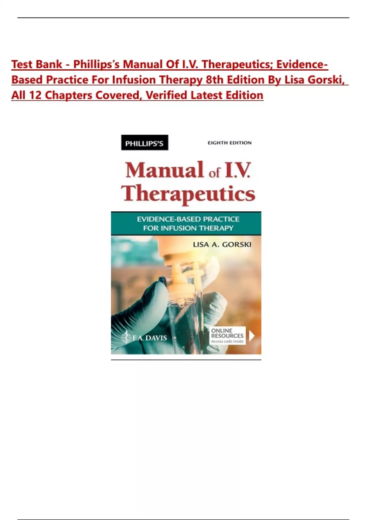TEST BANK - Phillips’s Manual of I.V. Therapeutics; Evidence-Based ...