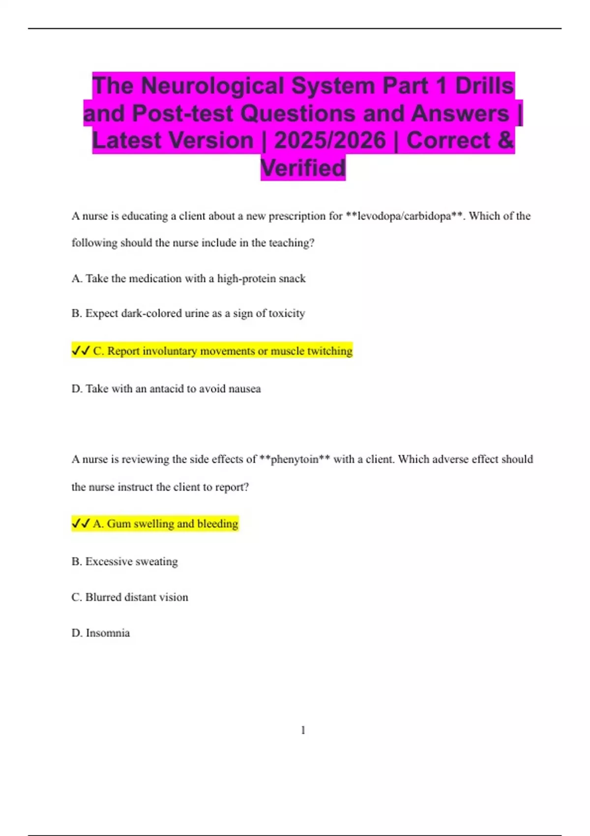 The Neurological System Part 1 Drills and Post-test Questions and ...