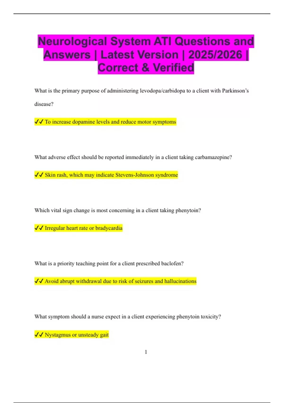 Neurological System ATI Questions and Answers | Latest Version | 2025/ ...
