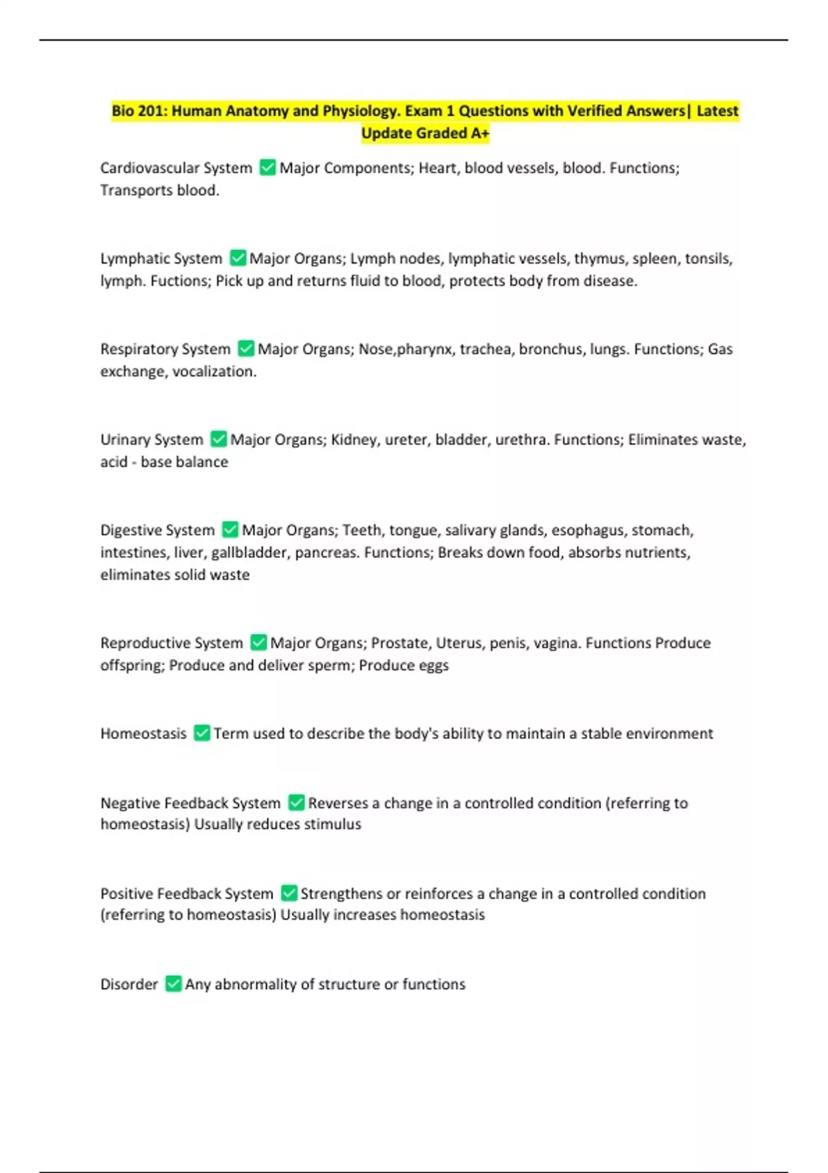 Bio 201: Human Anatomy and Physiology. Exam 1 Questions with Verified ...
