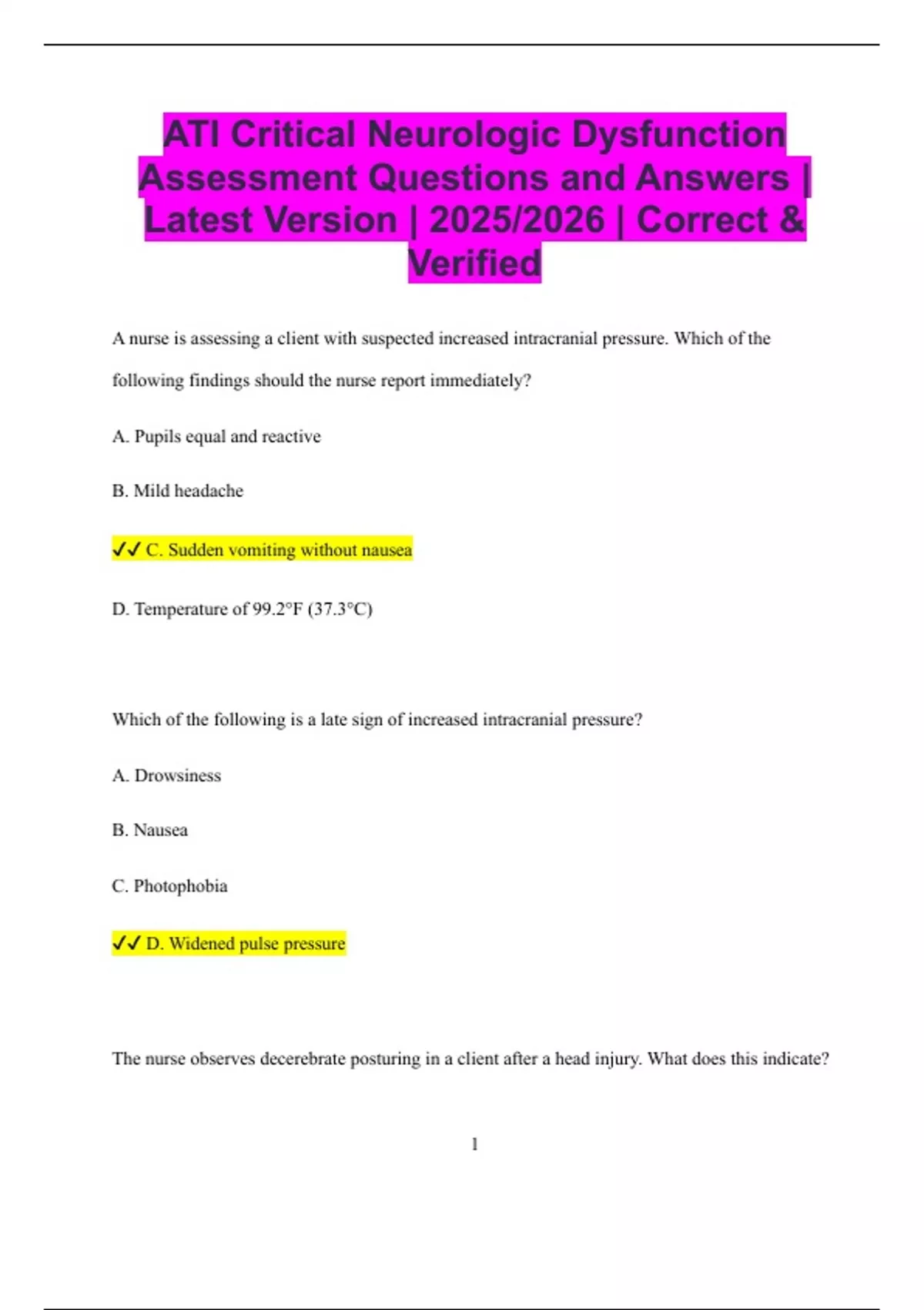 ATI Critical Neurologic Dysfunction Assessment Questions and Answers ...