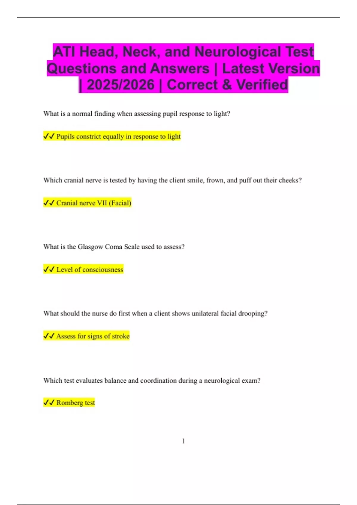 ATI Head, Neck, and Neurological Test Questions and Answers | Latest ...