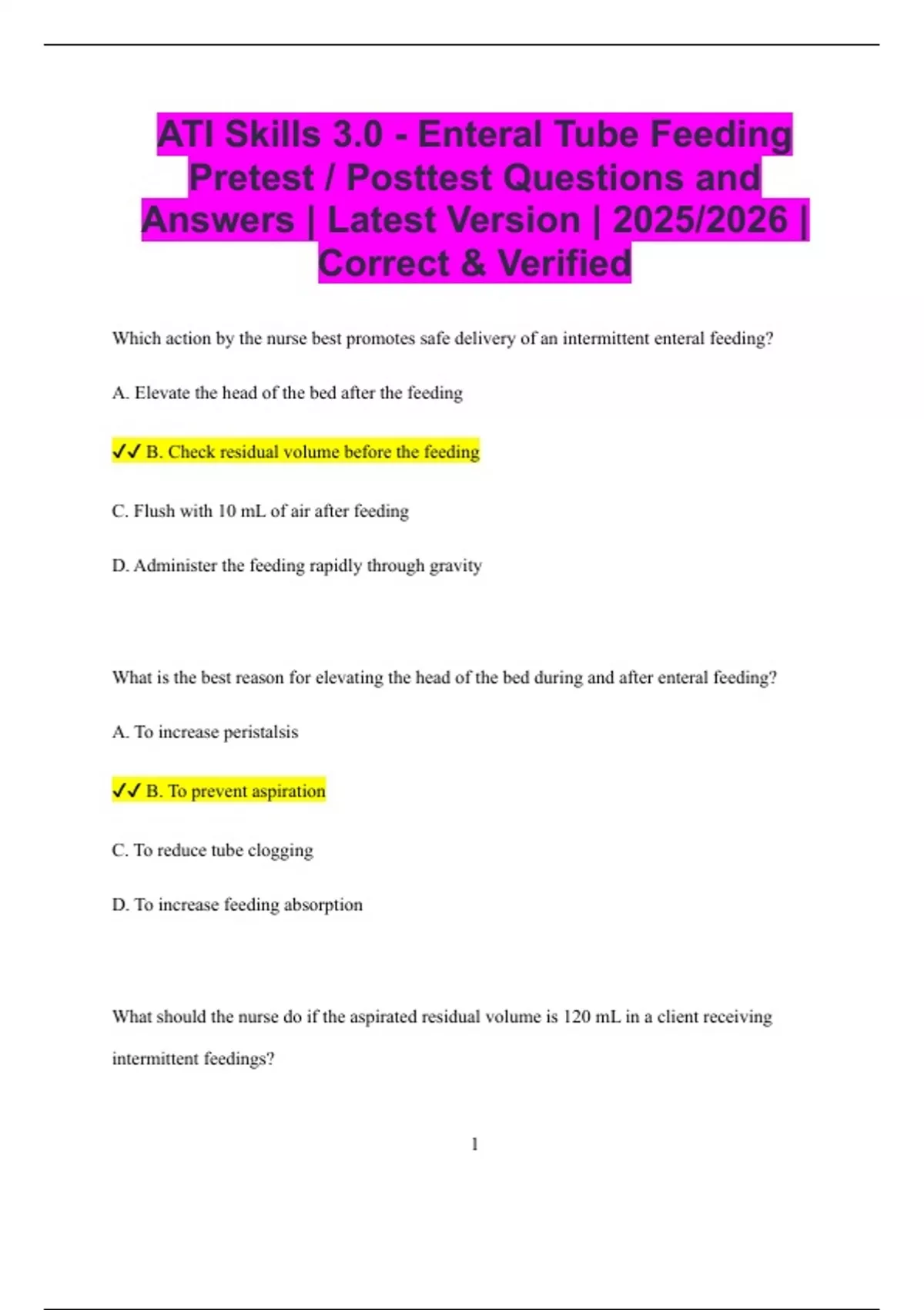 ATI Skills 3.0 - Enteral Tube Feeding Pretest / Posttest Questions and ...