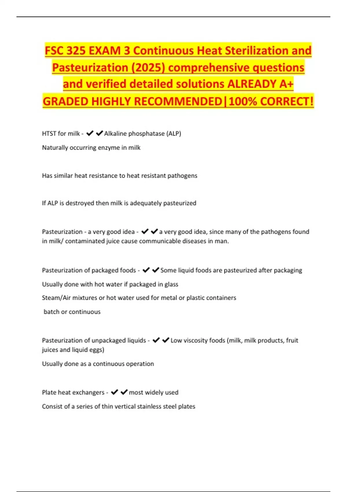 FSC 325 EXAM 3 Continuous Heat Sterilization and Pasteurization (2025) comprehensive questions ...