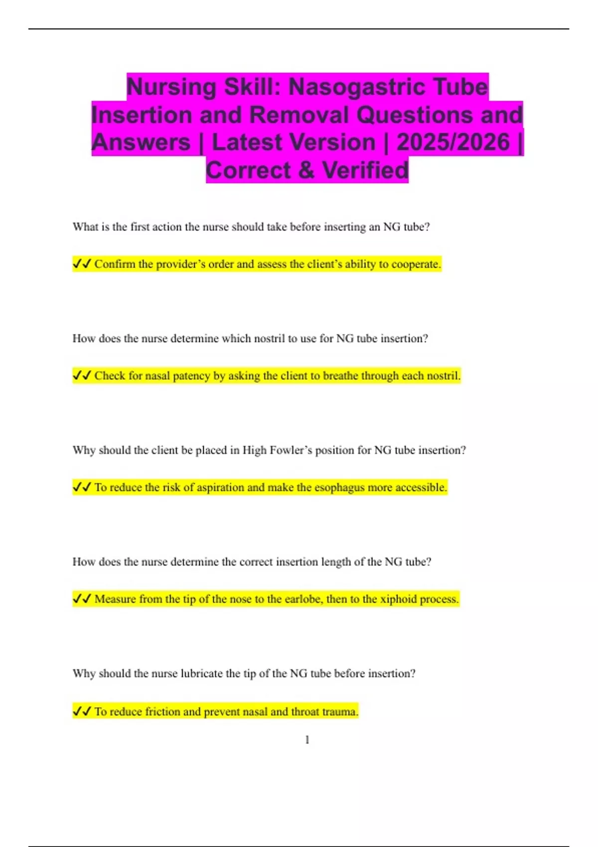 Nursing Skill: Nasogastric Tube Insertion and Removal Questions and ...