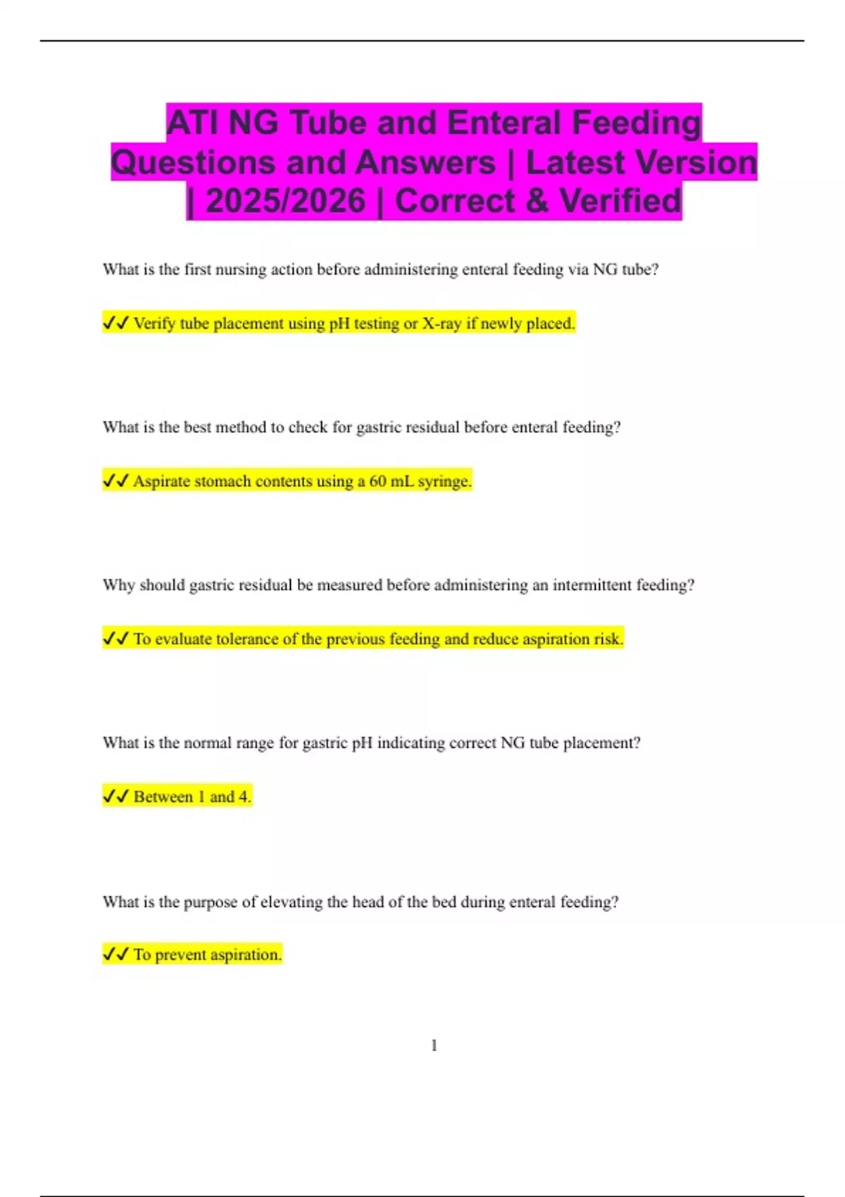 ATI NG Tube and Enteral Feeding Questions and Answers | Latest Version ...