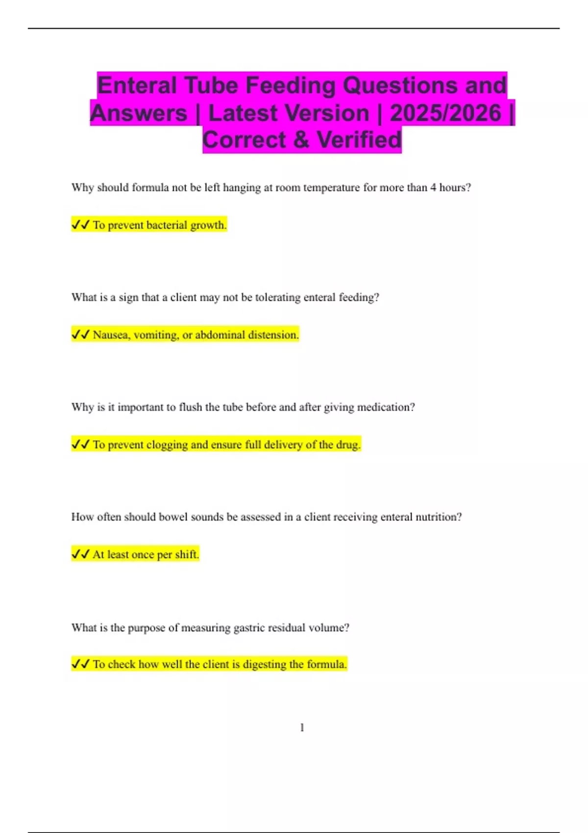 Enteral Tube Feeding Questions and Answers | Latest Version | 2025/2026 ...