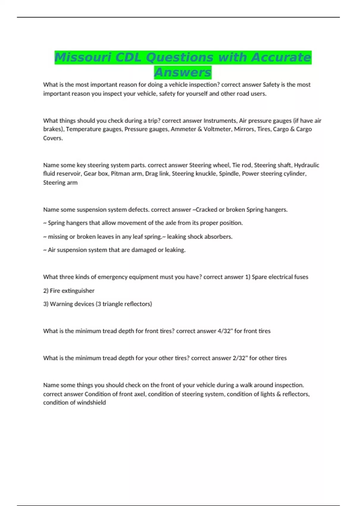 Missouri CDL Questions with Accurate Answers - Cdl - Stuvia US