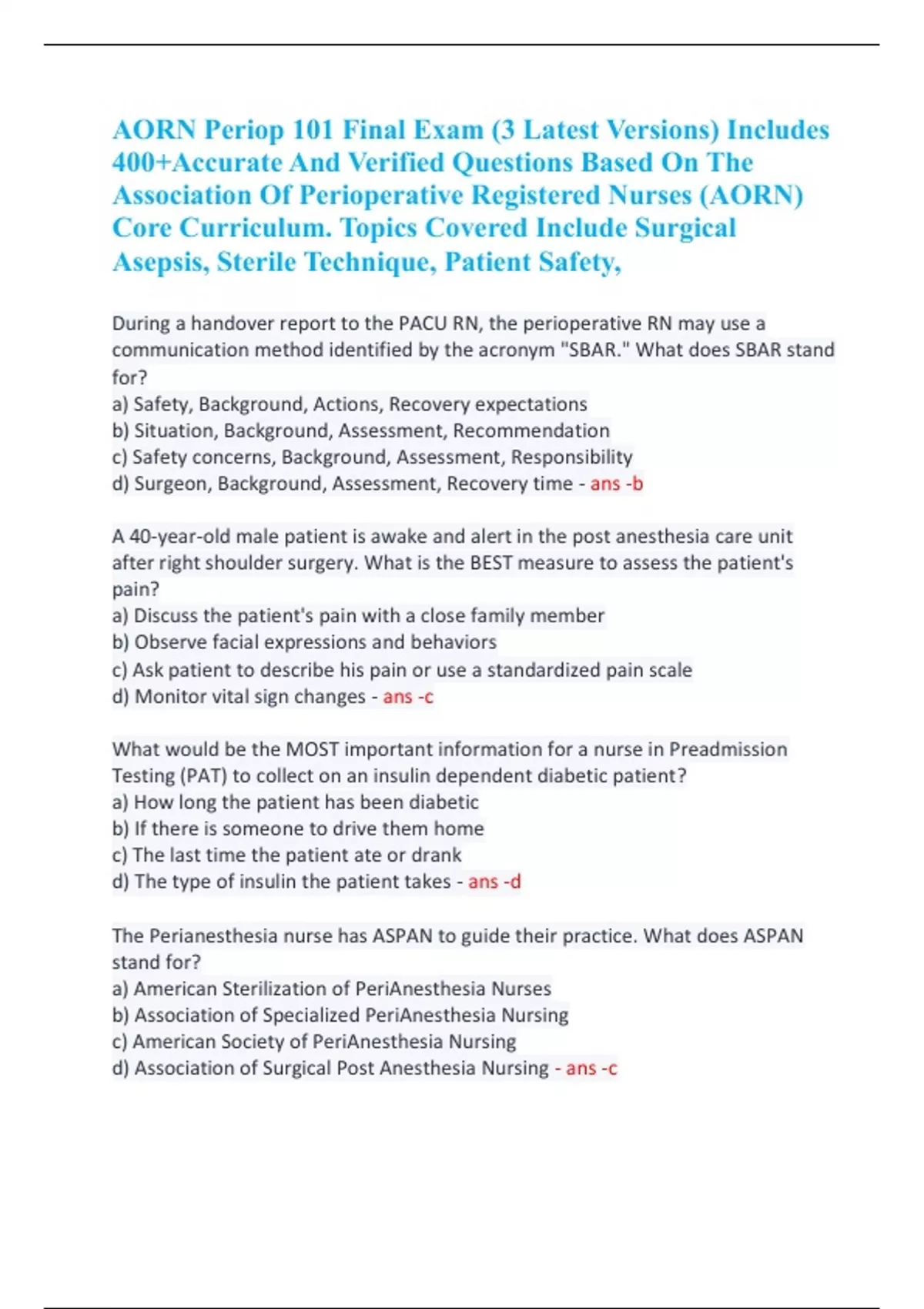 AORN Periop 101 Final Exam (3 Latest Versions) Includes 400+Accurate ...