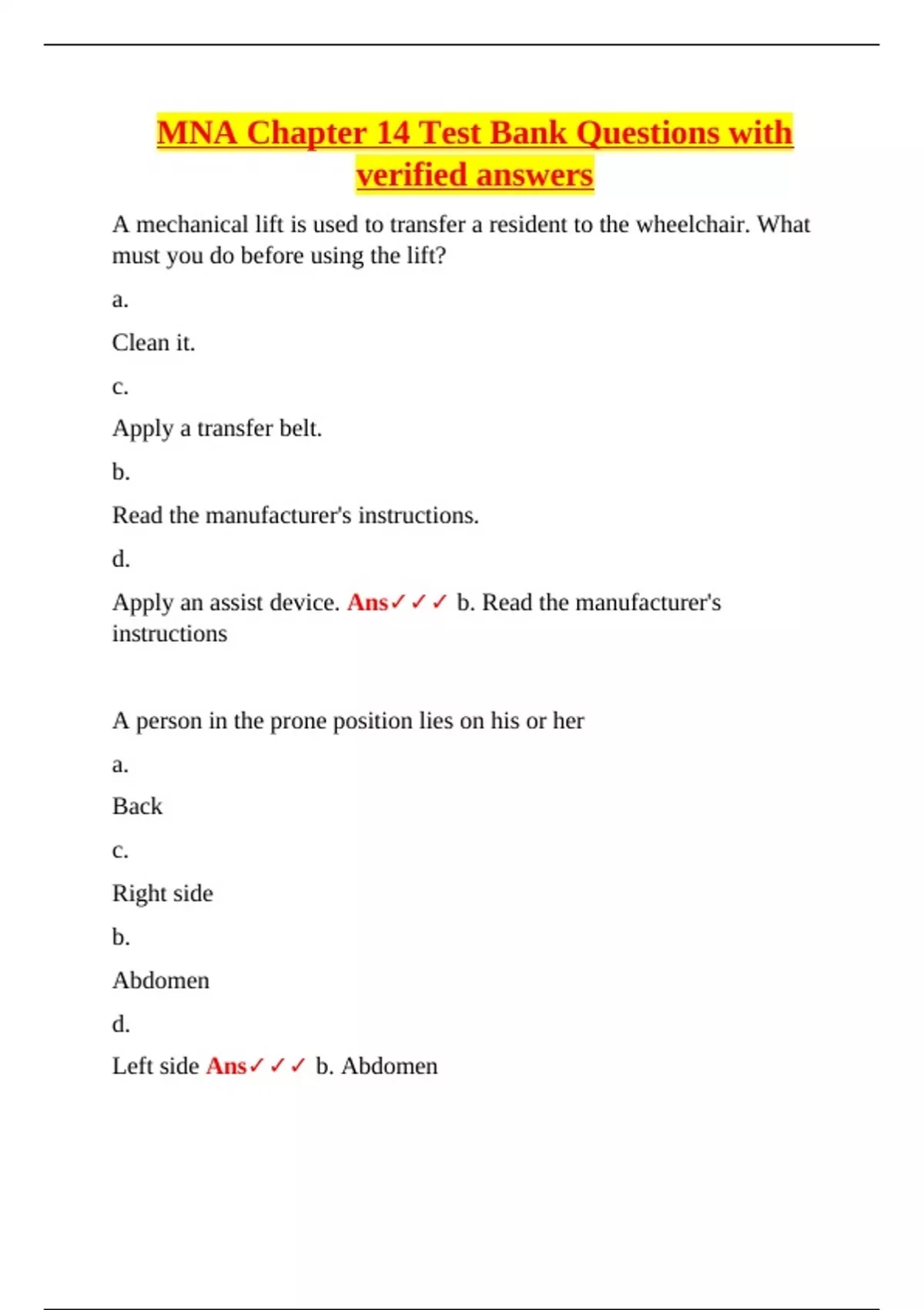 MNA Chapter 14 – Positioning, Transfers, and Ergonomics – Verified Test ...