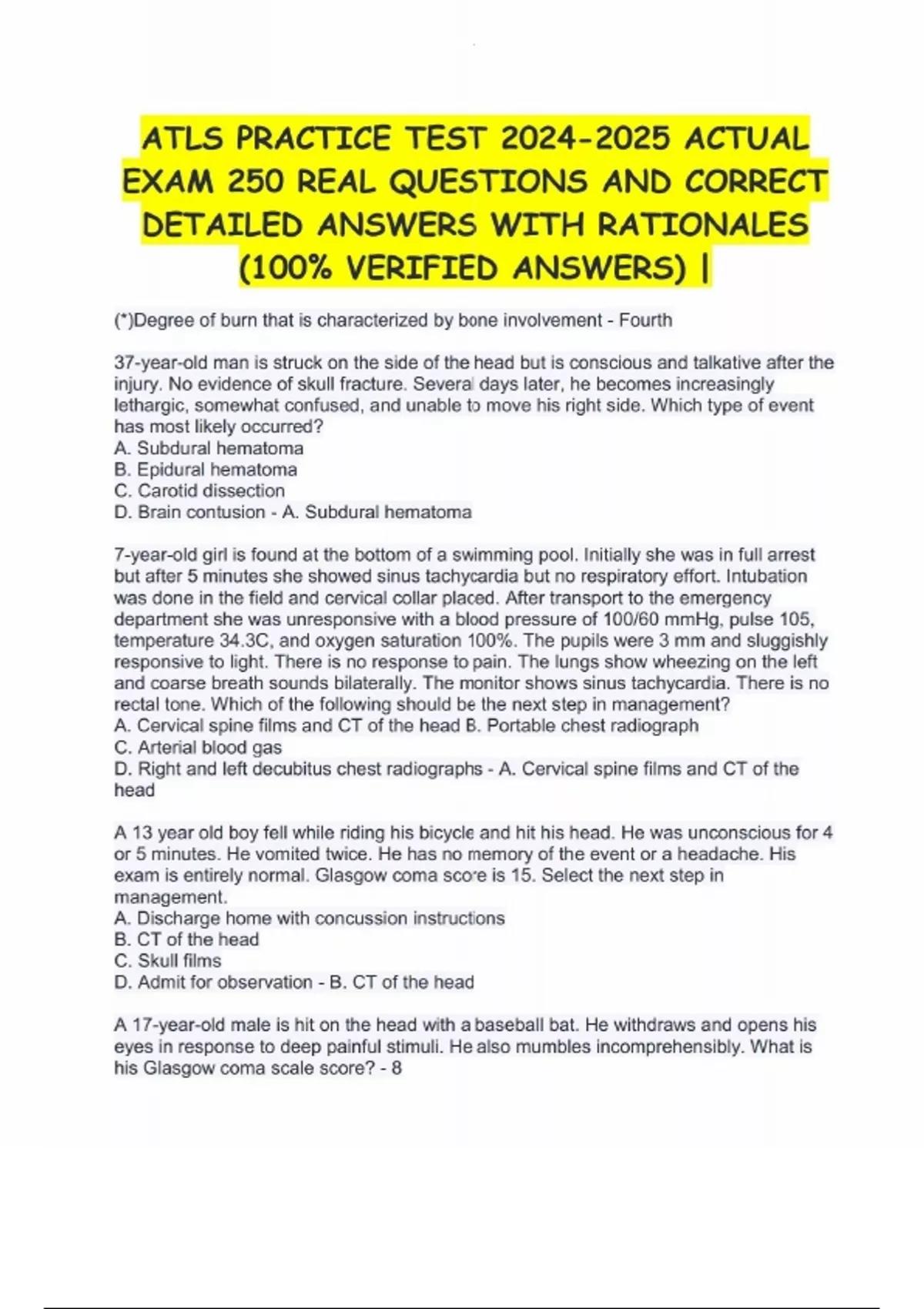 ATLS PRACTICE TEST ACTUAL EXAM 250 REAL QUESTIONS AND CORRECT DETAILED ...