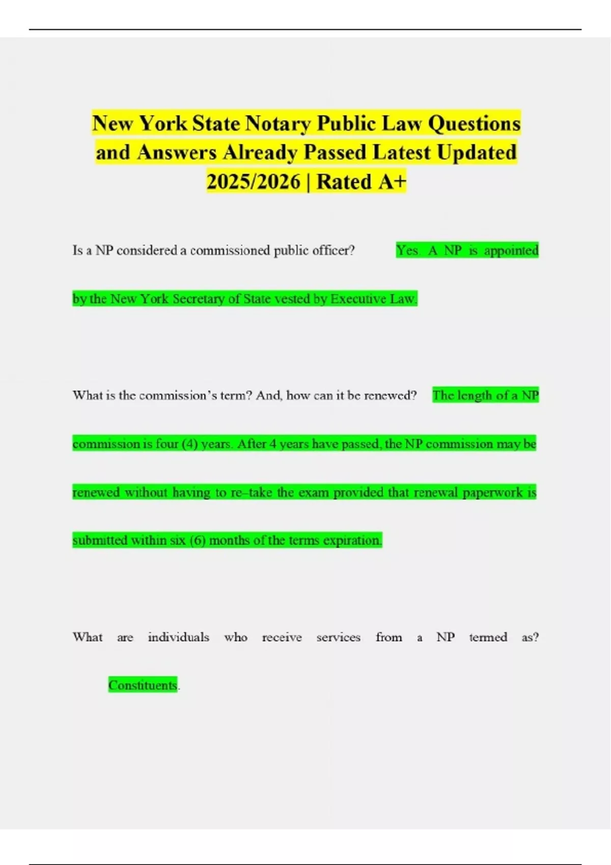 New York State Notary Public Law Questions and Answers Already Passed ...