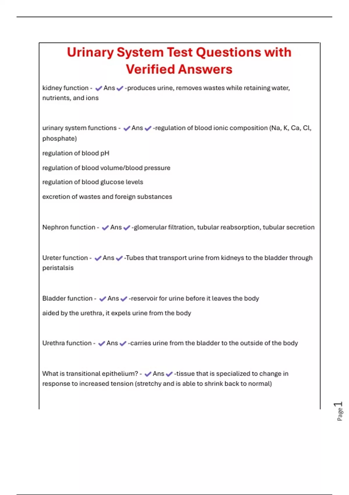 Urinary System Test Questions with Verified Answers - Urinary System ...