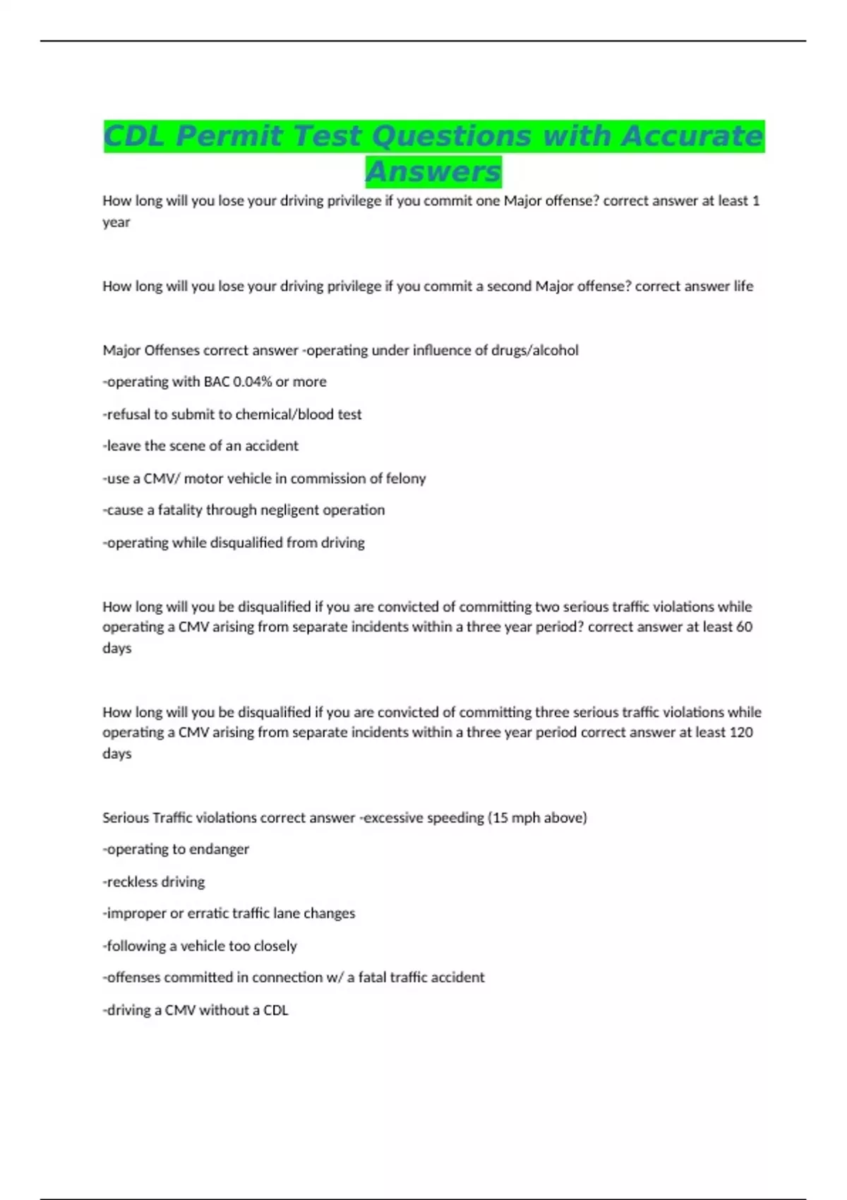 CDL Permit Test Questions with Accurate Answers - Cdl - Stuvia US