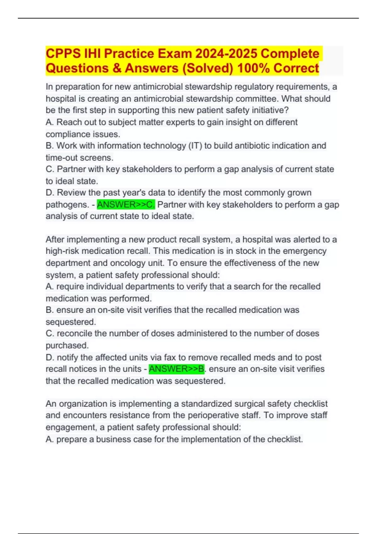 CPPS IHI Practice Exam 2024–2025 – Complete Questions and 100% Correct Solved Answers - CPPS IHI ...