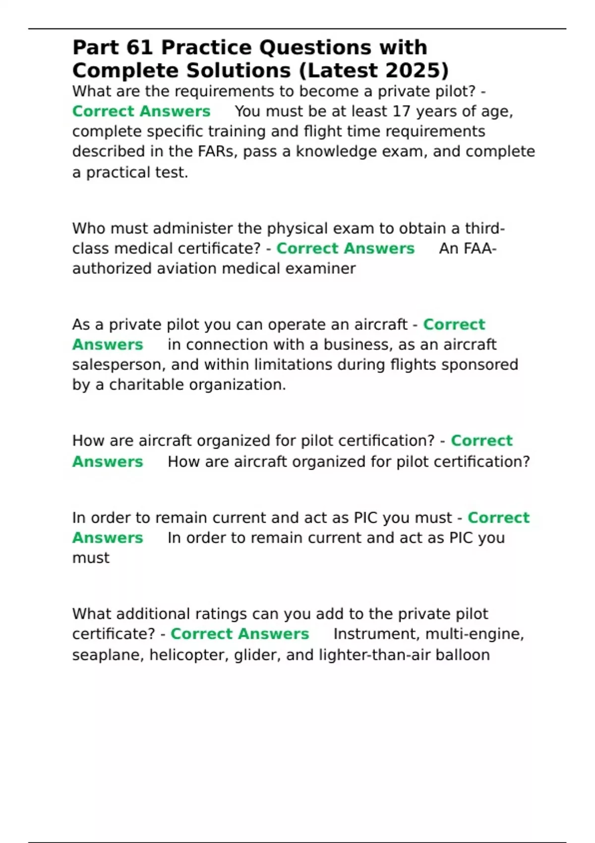 Part 61 Practice Questions with Complete Solutions (Latest 2025). - 14 ...