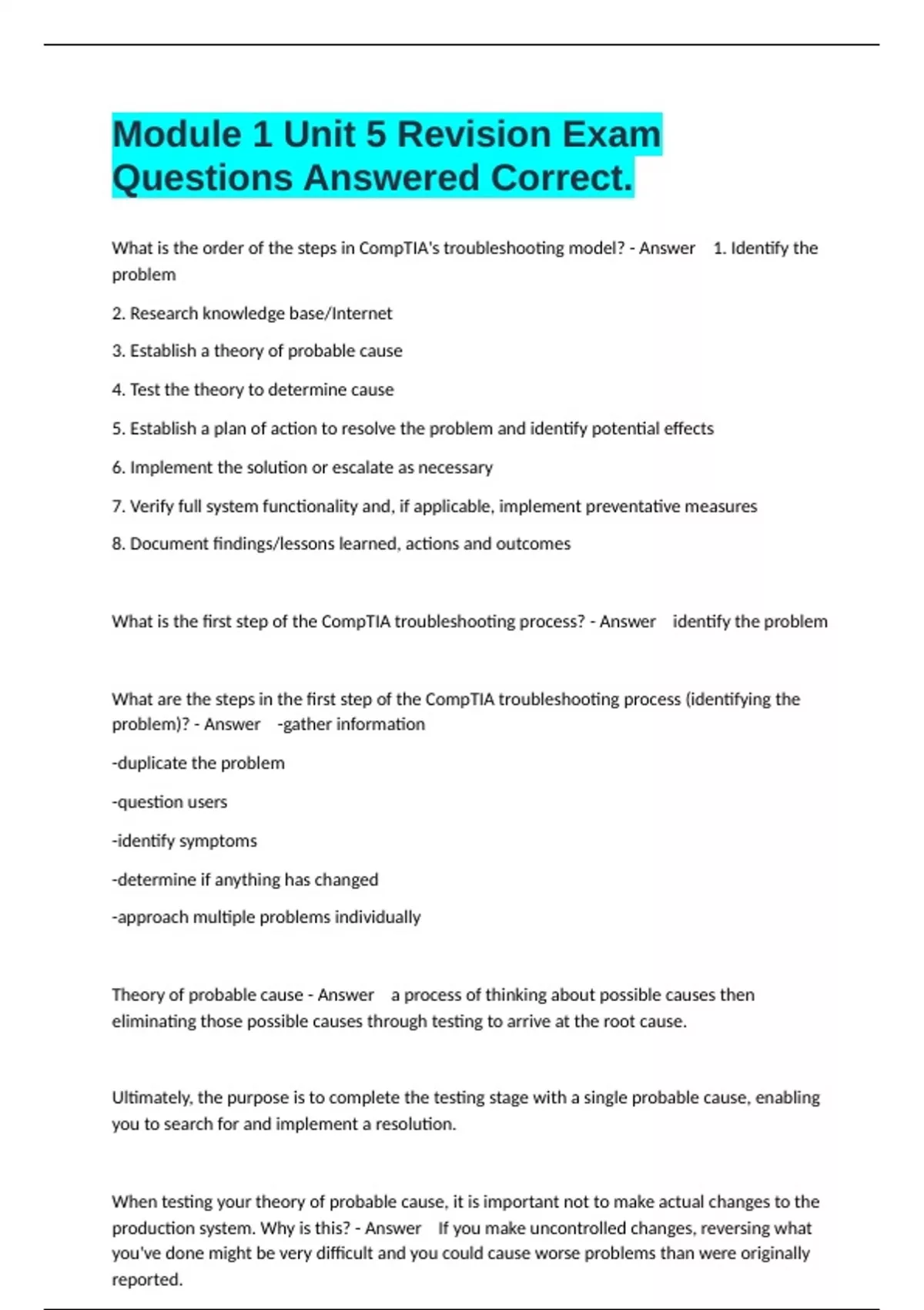 Module 1 Unit 5 Revision Exam Questions Answered Correct. - ZDTA ...