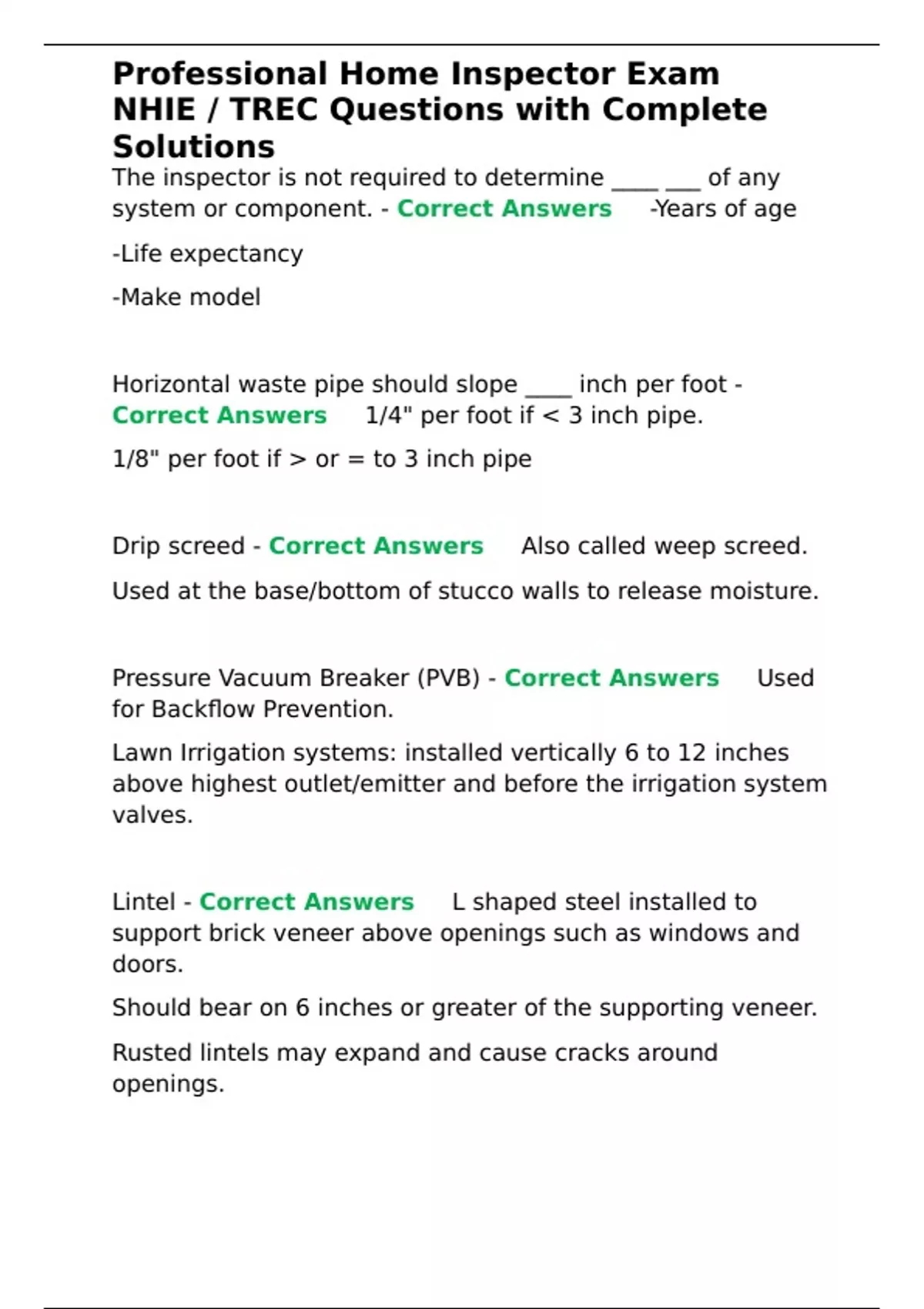 Professional Home Inspector Exam NHIE TREC Questions with Complete ...