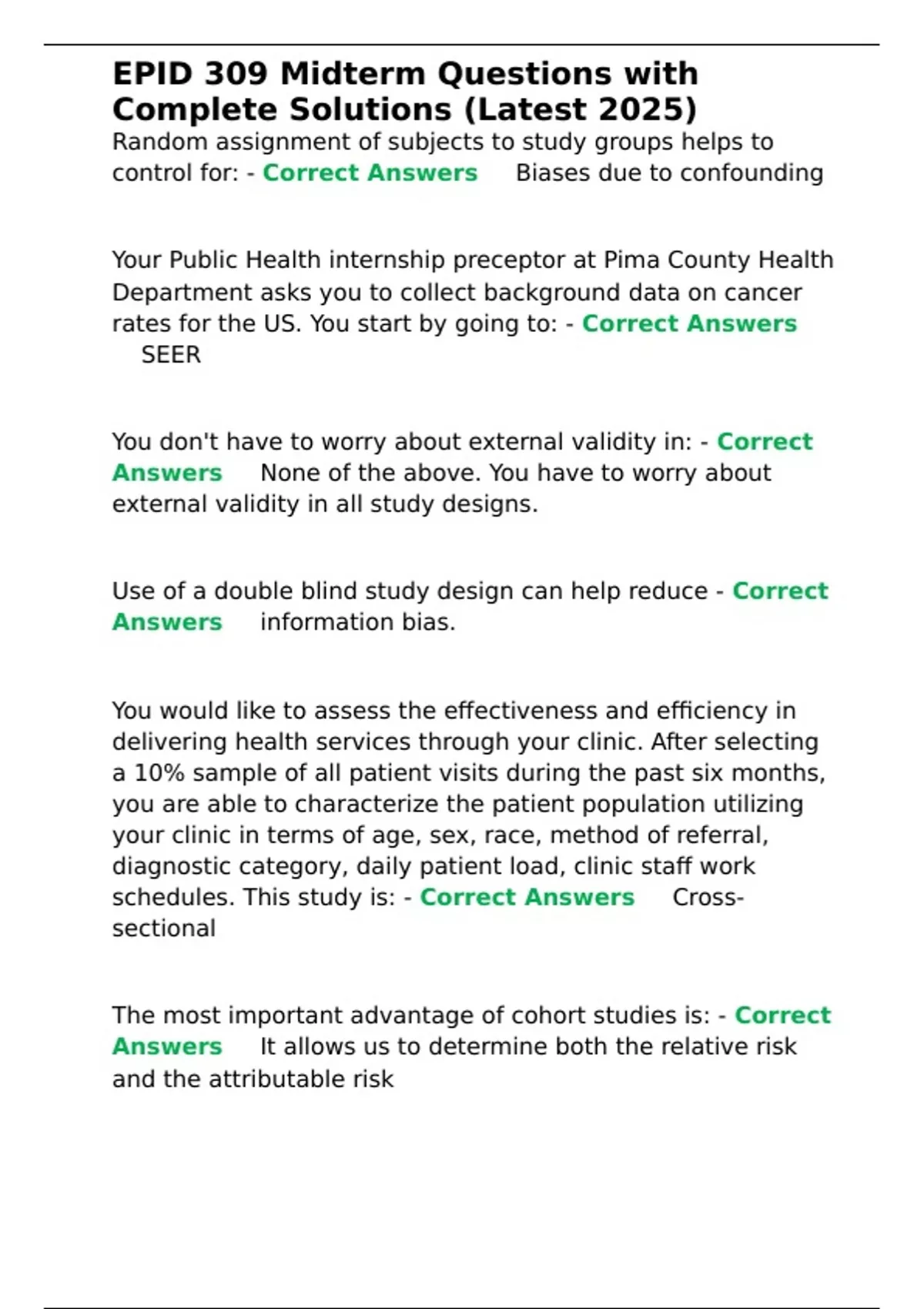 EPID 309 Midterm Questions with Complete Solutions (Latest 2025 ...
