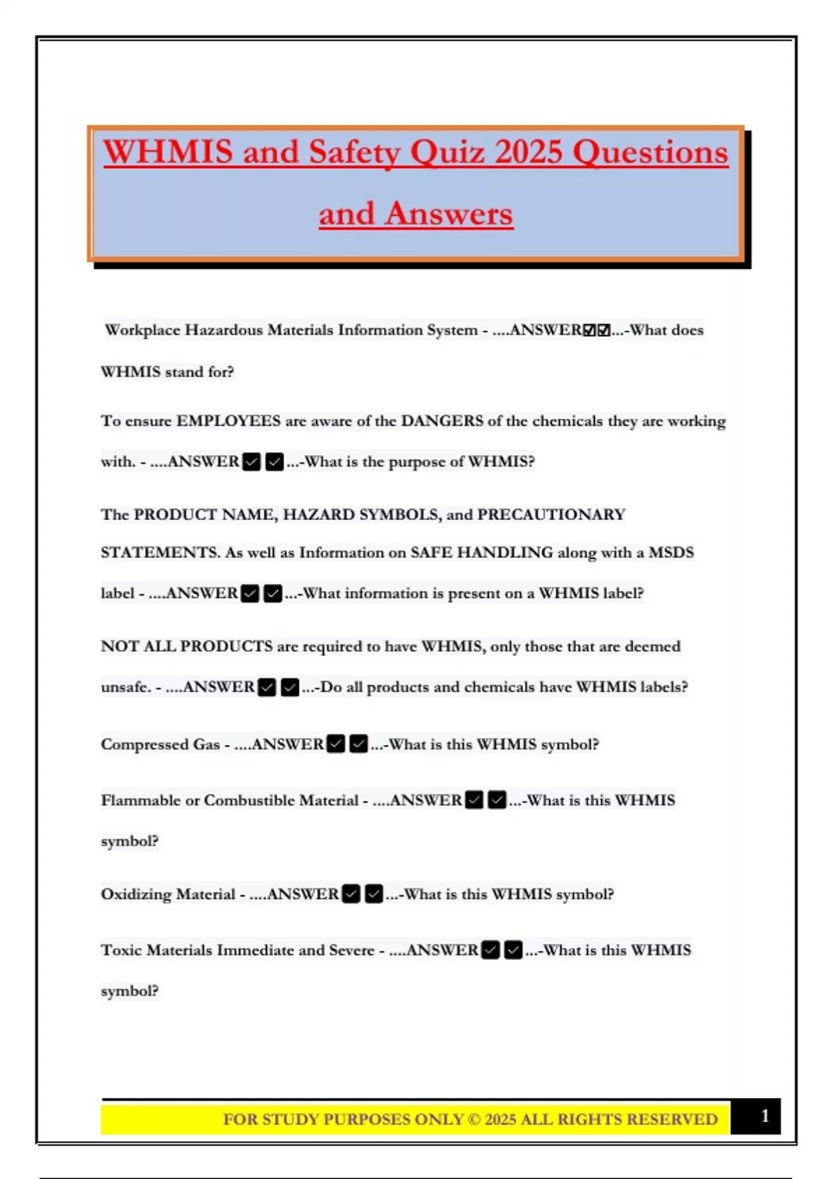 WHMIS and Safety Quiz 2025 Questions and Answers - WHMIS - Stuvia US