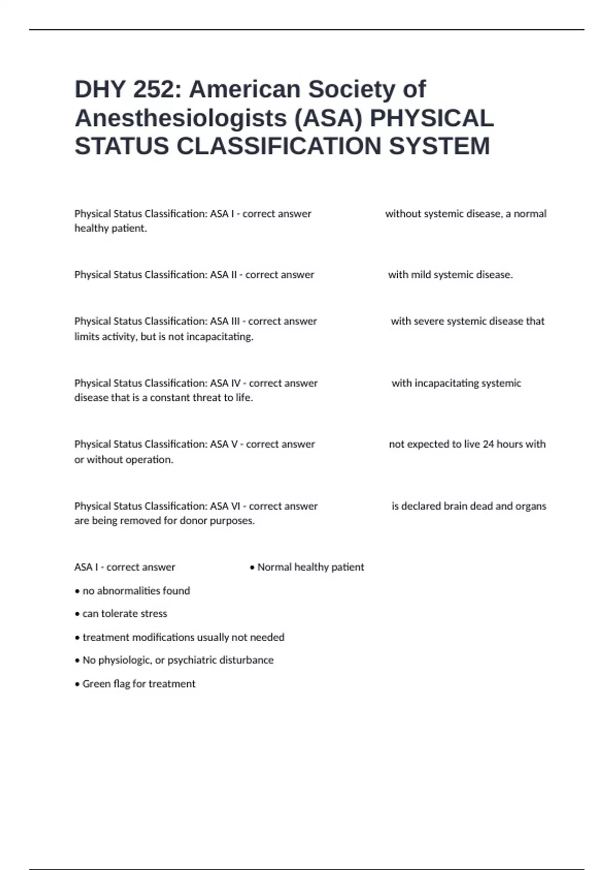 DHY 252: American Society of Anesthesiologists (ASA) PHYSICAL STATUS ...